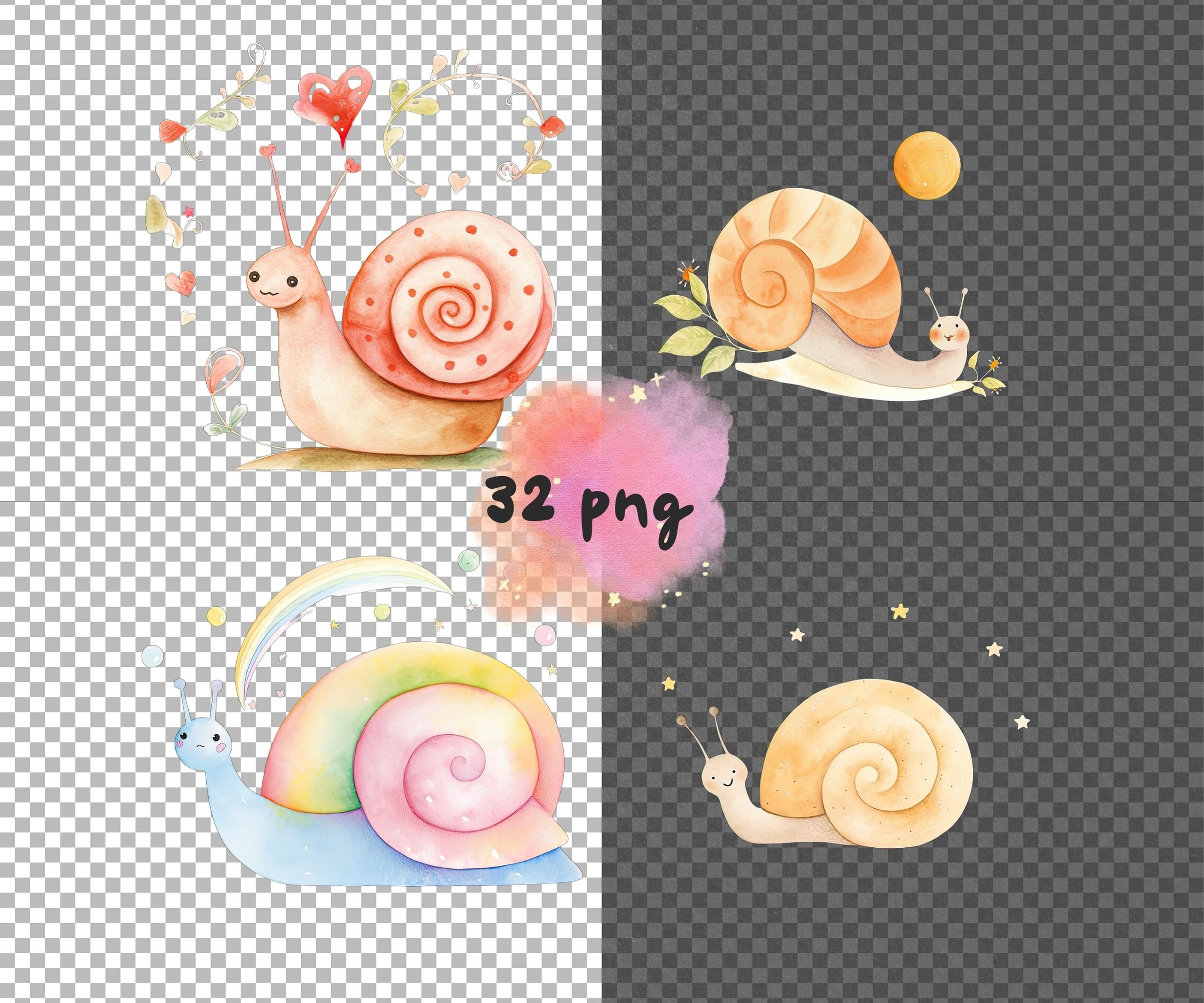 Cartoon Snails Watercolor Clipart Cute Kawaii Chubby Snails - Etsy