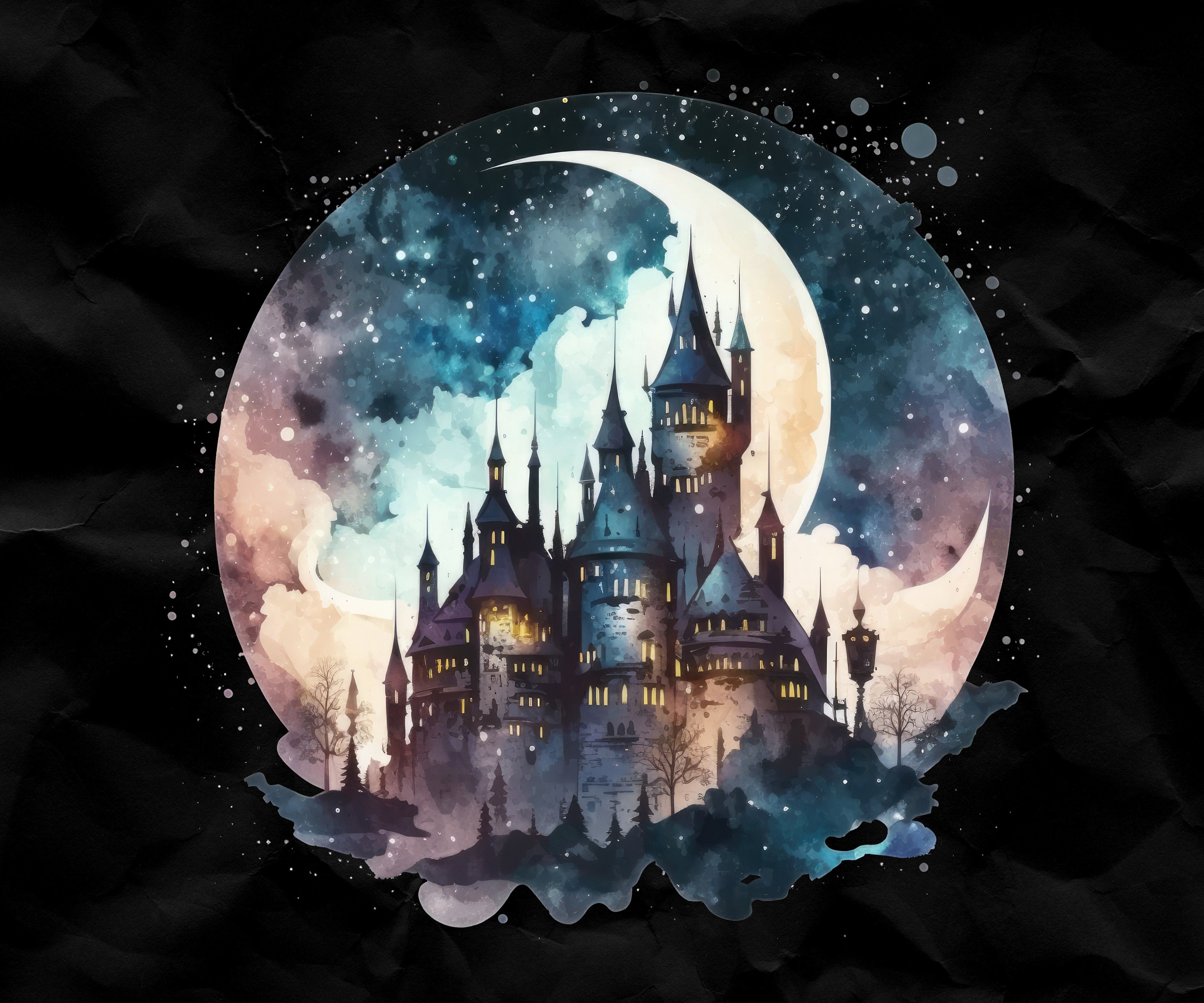 Watercolor Starry Castle Clipart Bundle, 5 Pngs, 300 DPI, Magical ...