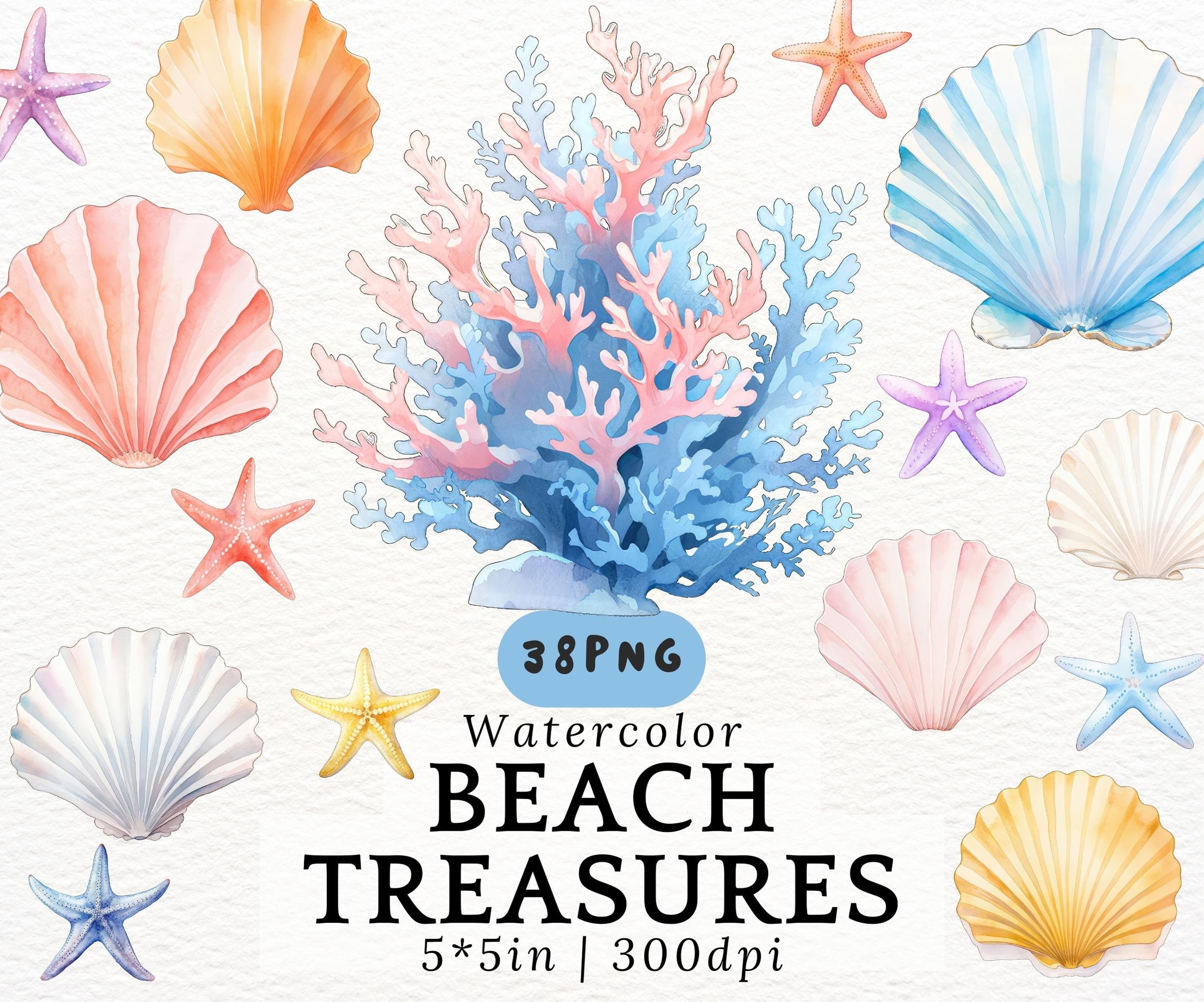 Watercolor Beach Treasures Clipart,sea Shells,sea Stars,corals ...