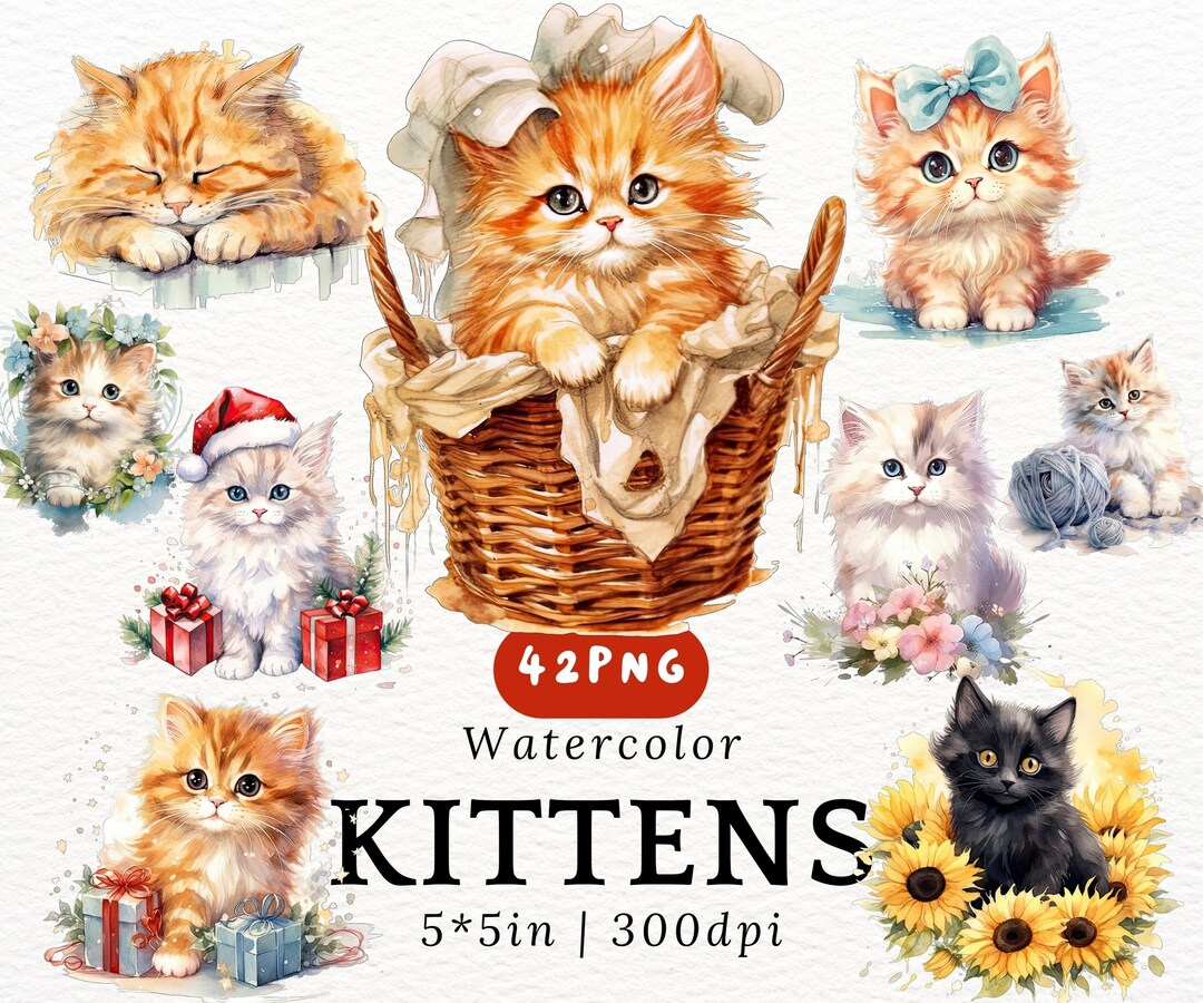 Chubby Kittens Watercolor Clipart - Cute Kawaii Cartoon Kittens, Baby ...