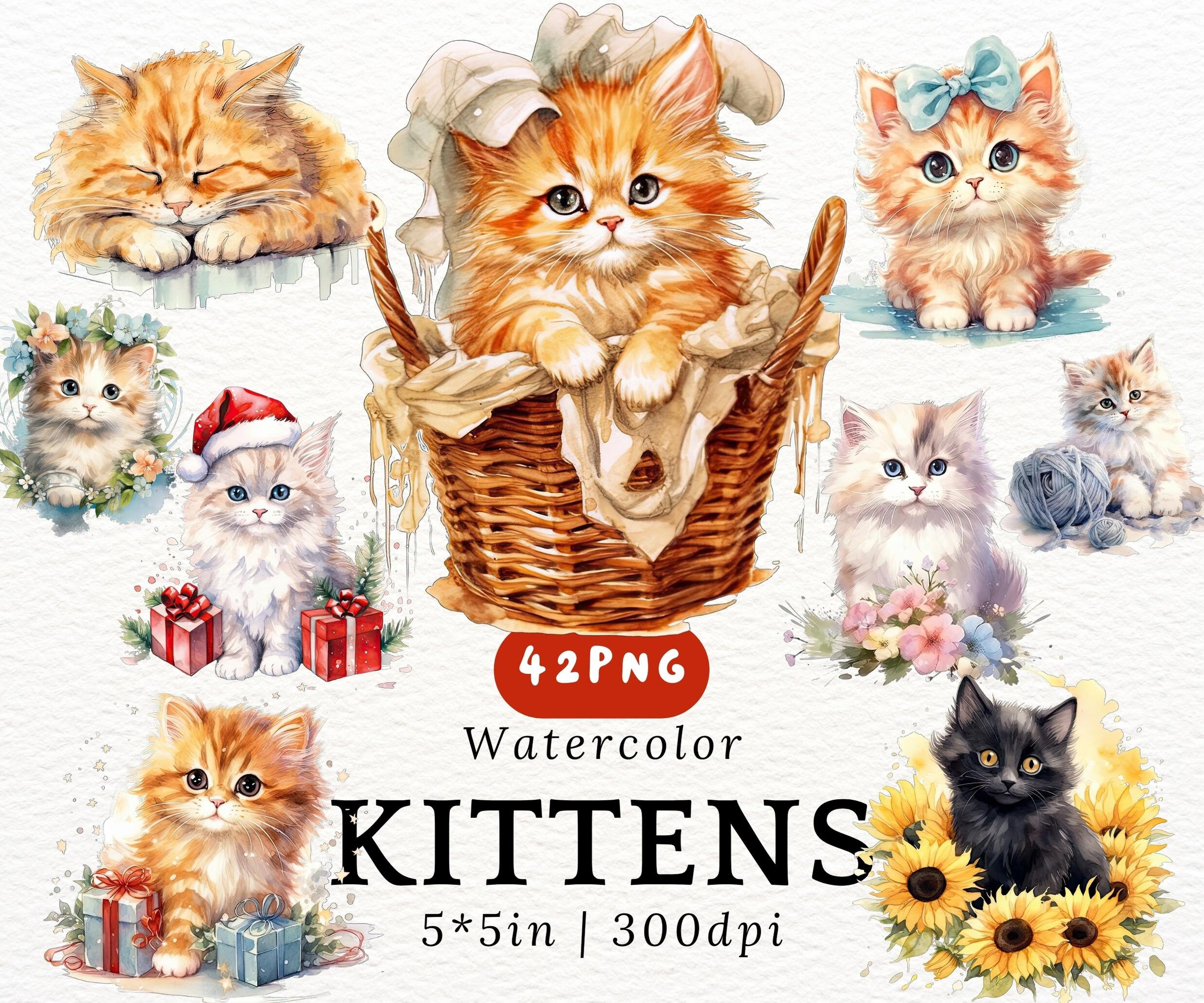 Chubby Kittens Watercolor Clipart Cute Kawaii Cartoon Kittens, Baby ...
