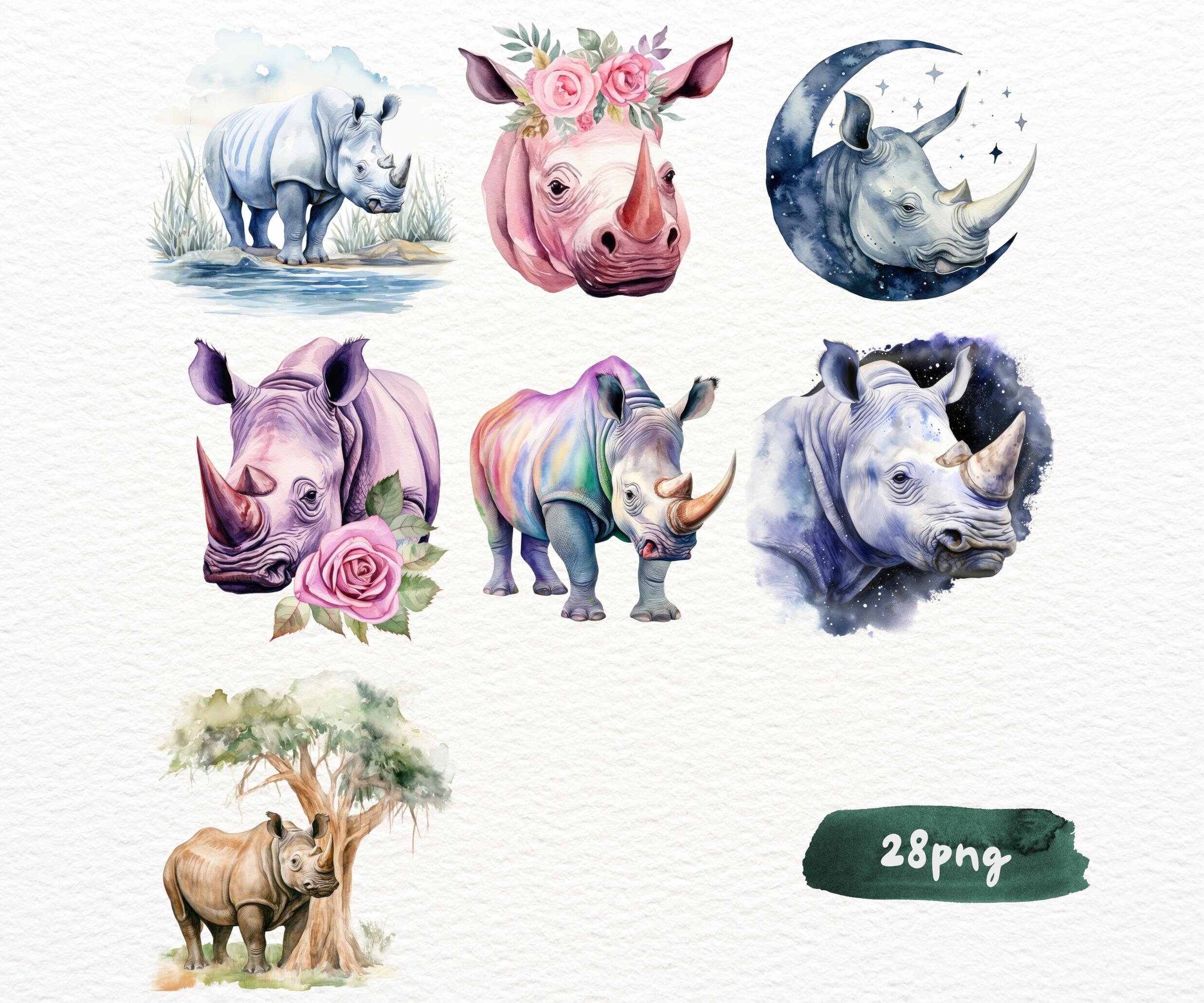 Rhinoceros Watercolor Clipart Bundle, Cute Baby Rhino PNG, Wild Safari ...