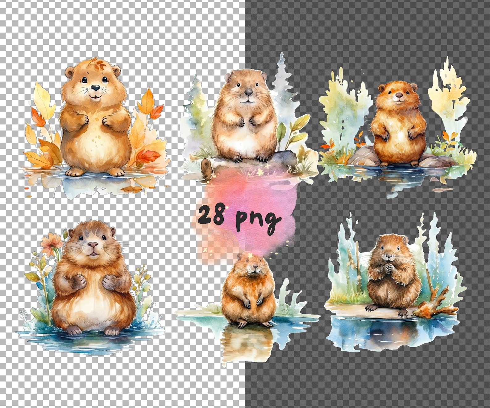 Chubby Beavers Watercolor Clipart - Cute Kawaii Cartoon Beavers, Baby ...