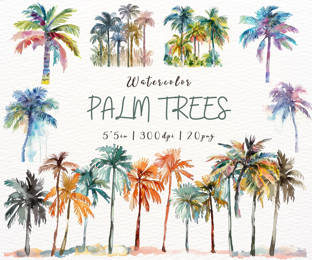 Colorful Watercolor Palm Tree Clipart, Tropical Summer PNG, Jungle ...