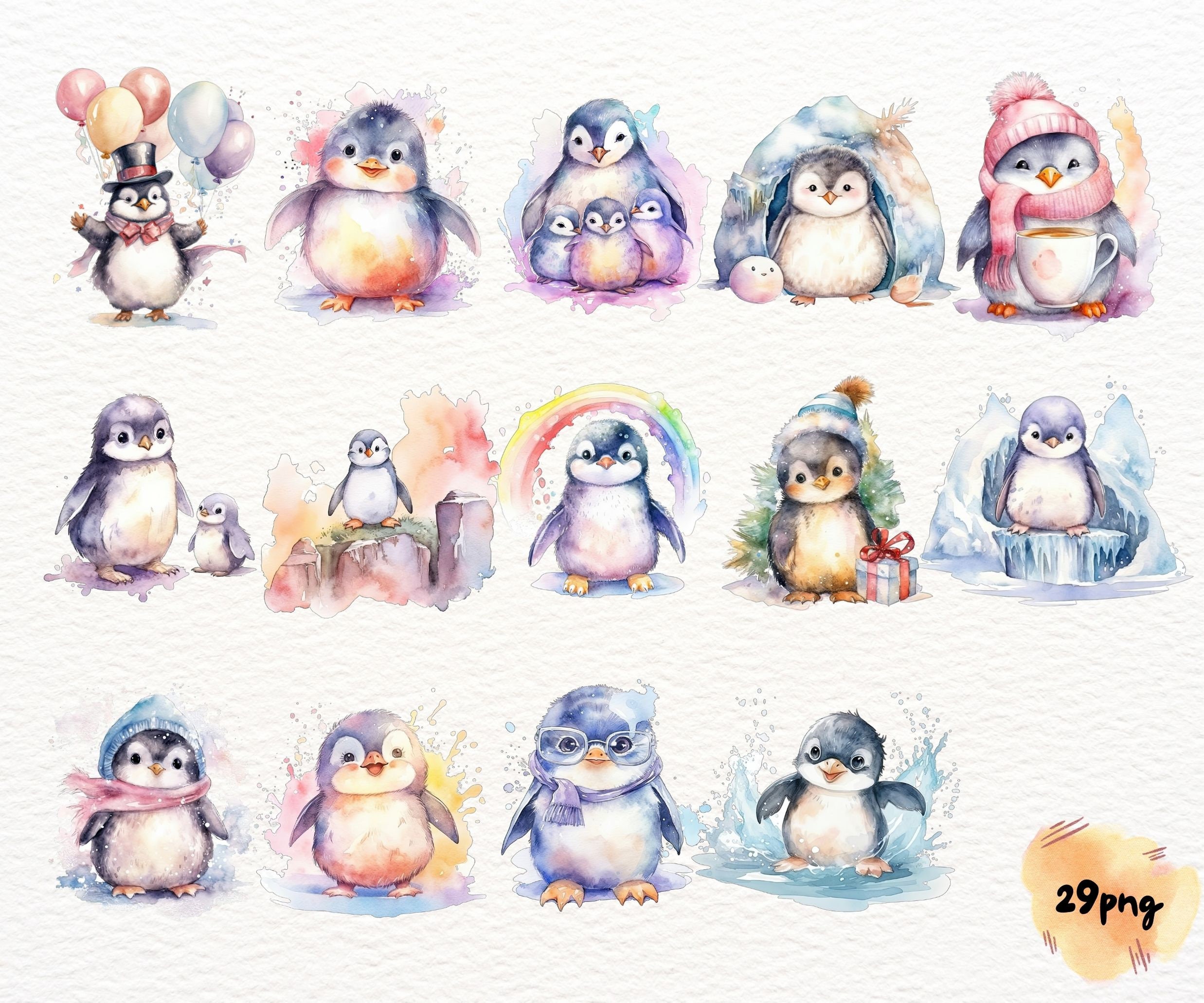 Chubby Penguins Watercolor Clipart Cute Kawaii Cartoon Penguins, Baby ...