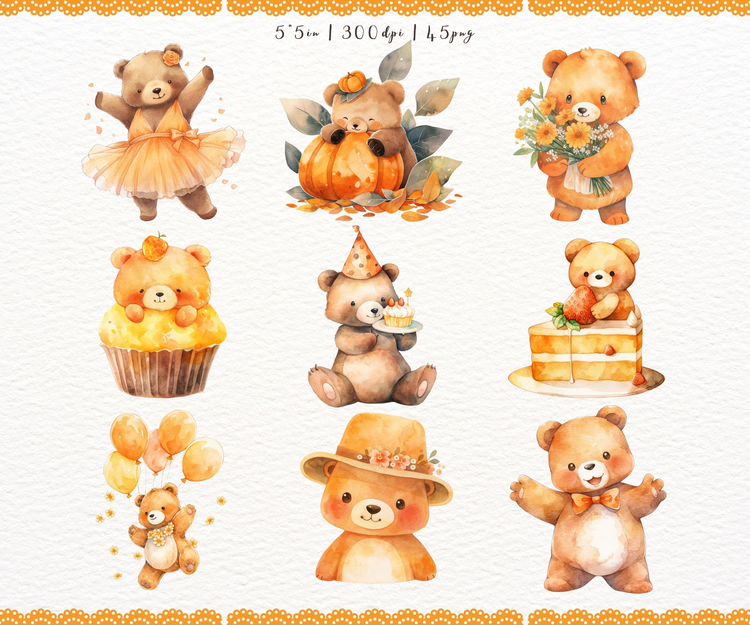 Orange Bear Clipart,kawaii Cartoon Cuddly Bear,pastel Baby Bears With ...