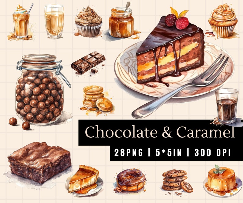 Chocolate & Caramel Desserts Clipart Bundle Watercolor - Etsy