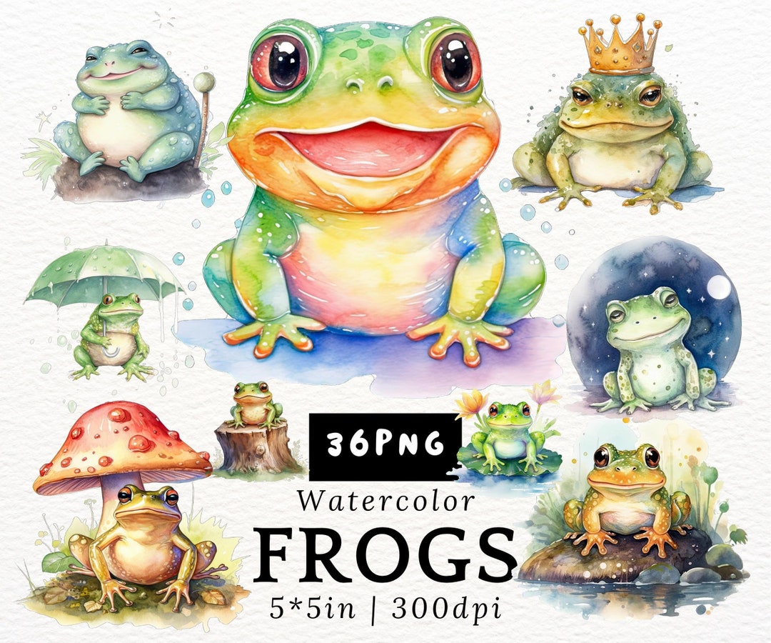 Whimsical Frog Clipart - Watercolor Baby Frogs PNG, Cute Amphibian ...