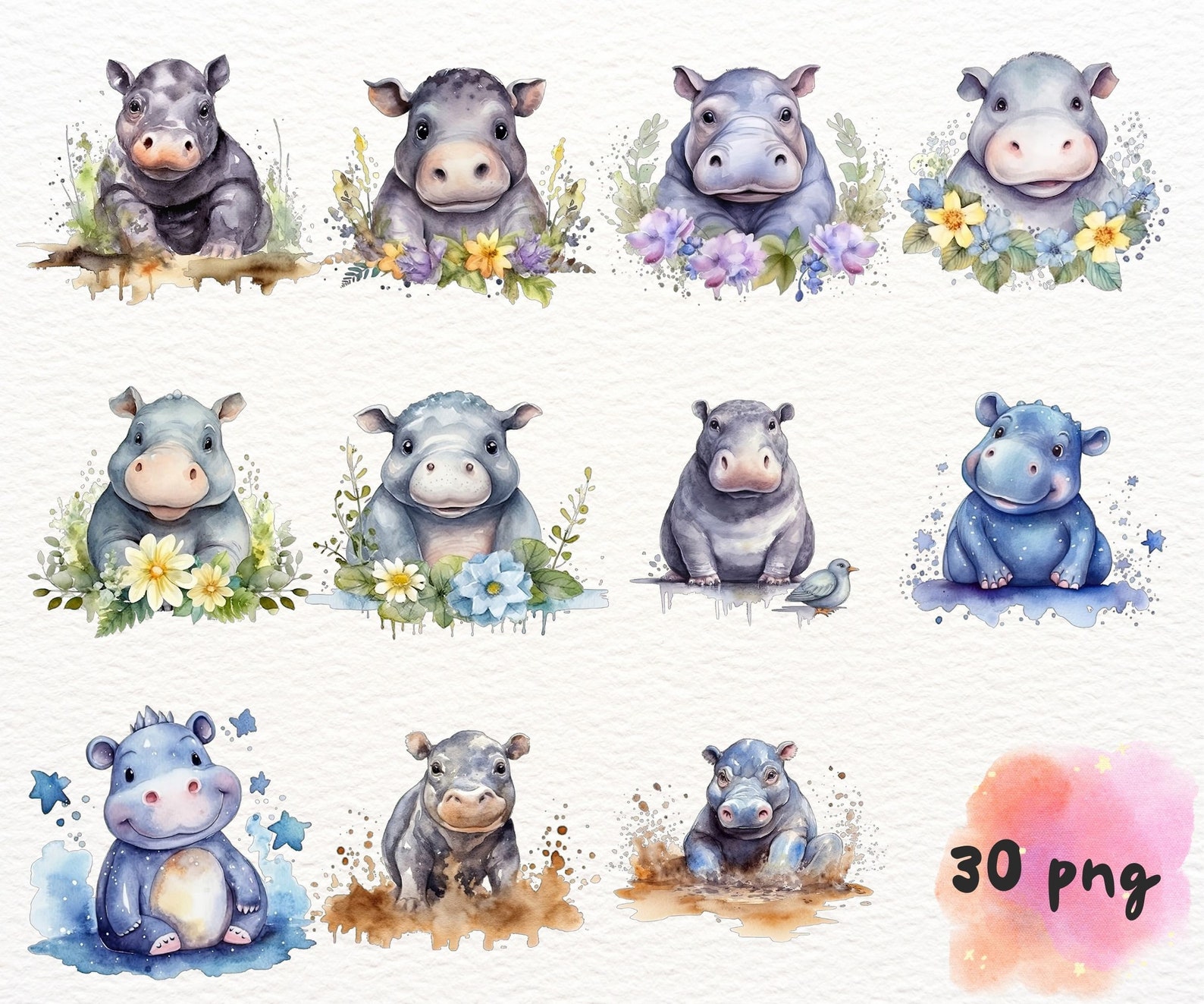 Chubby Hippos Watercolor Clipart - Cute Kawaii Cartoon Hippos, Baby ...