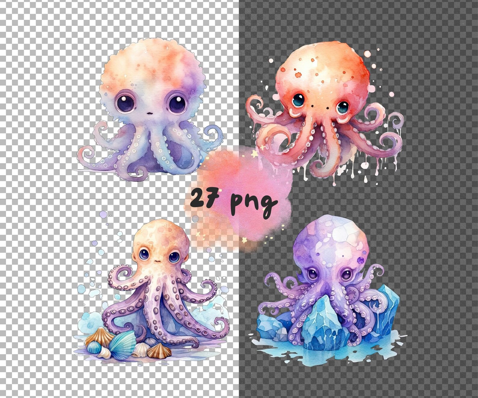 Chubby Octopuses Watercolor Clipart Cute Kawaii Cartoon Octopuses, Baby ...