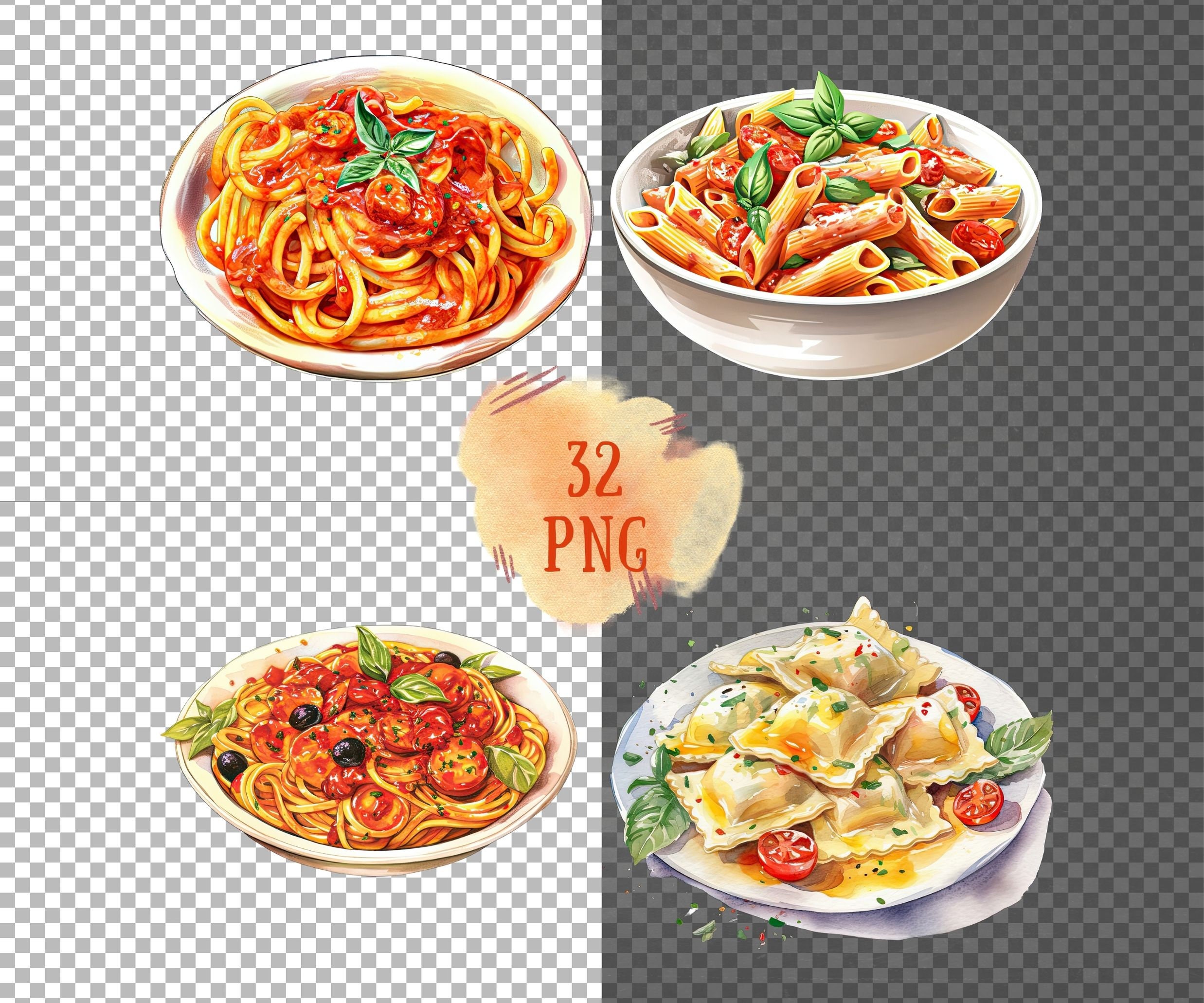 Pasta Watercolor Clipart, Pasta Machine, Ravioli, Penne Rigate, Fusilli ...