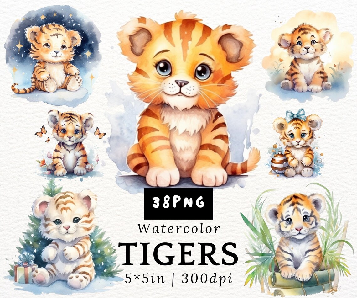 Chubby Tiger Watercolor Clipart Kawaii Cartoon Tiger Art, Baby Tigers ...