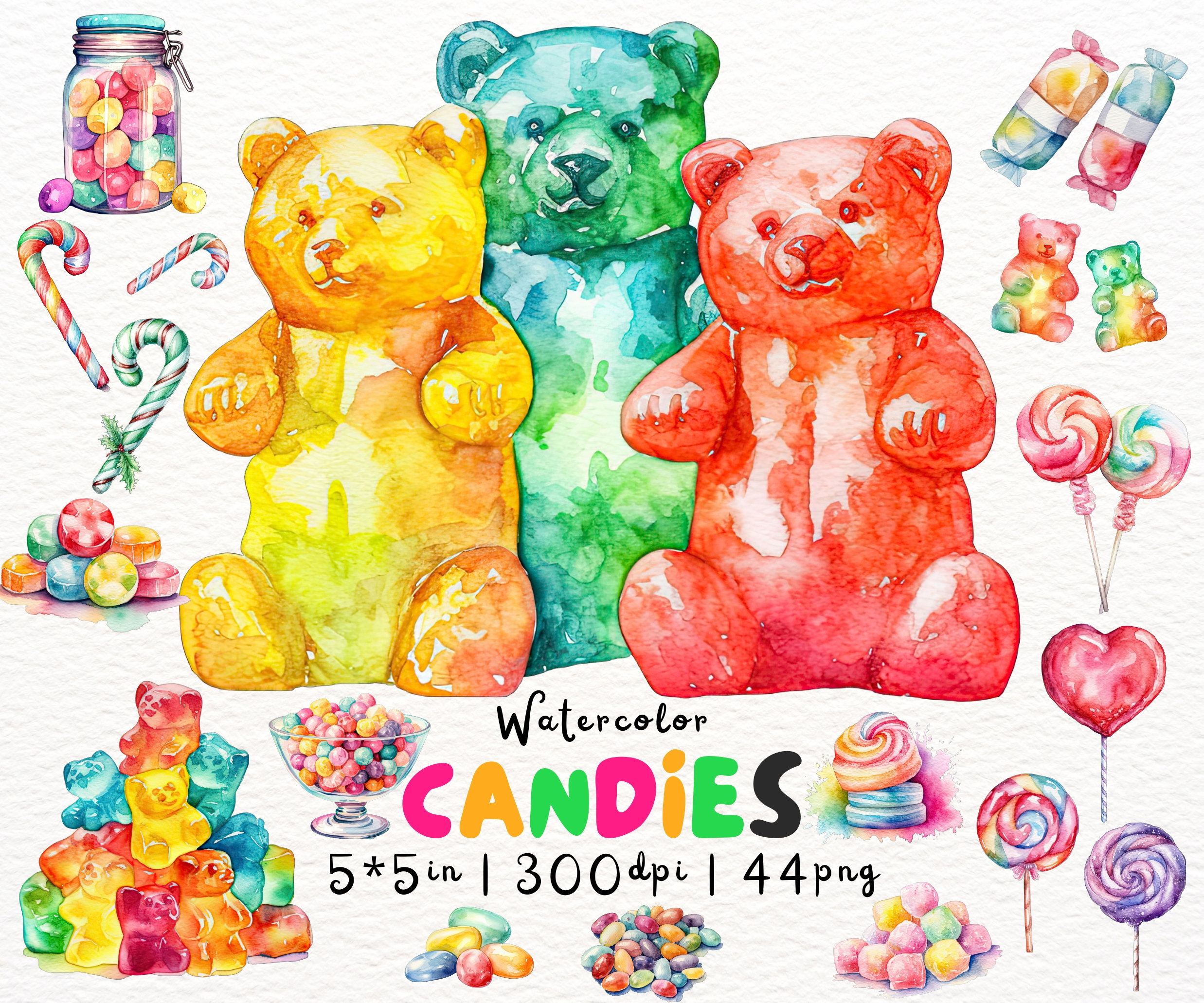 Candy Clipart Collection, Watercolor Candy Variety Pack, Gummy Bears ...