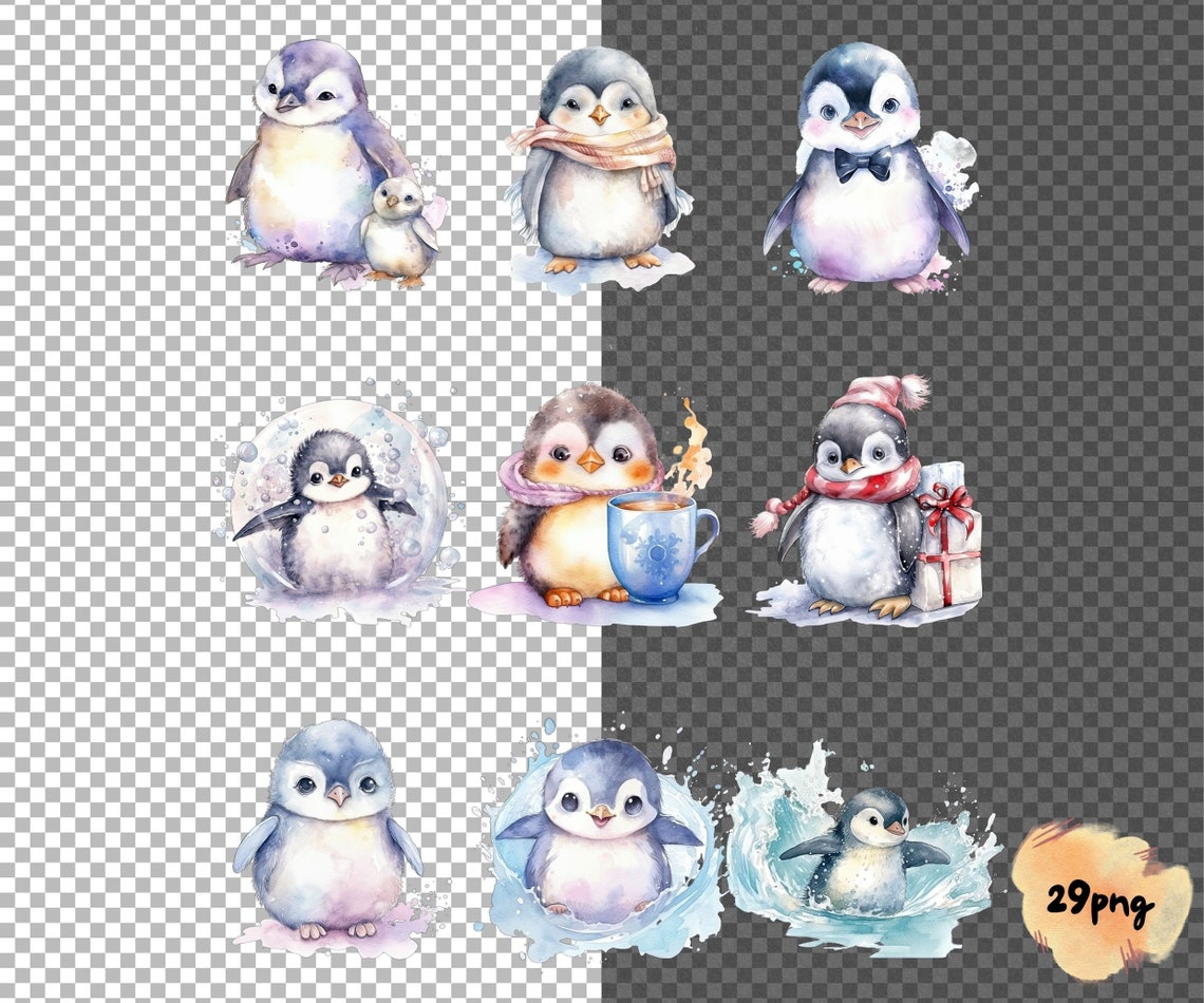 Chubby Penguins Watercolor Clipart Cute Kawaii Cartoon Penguins, Baby ...