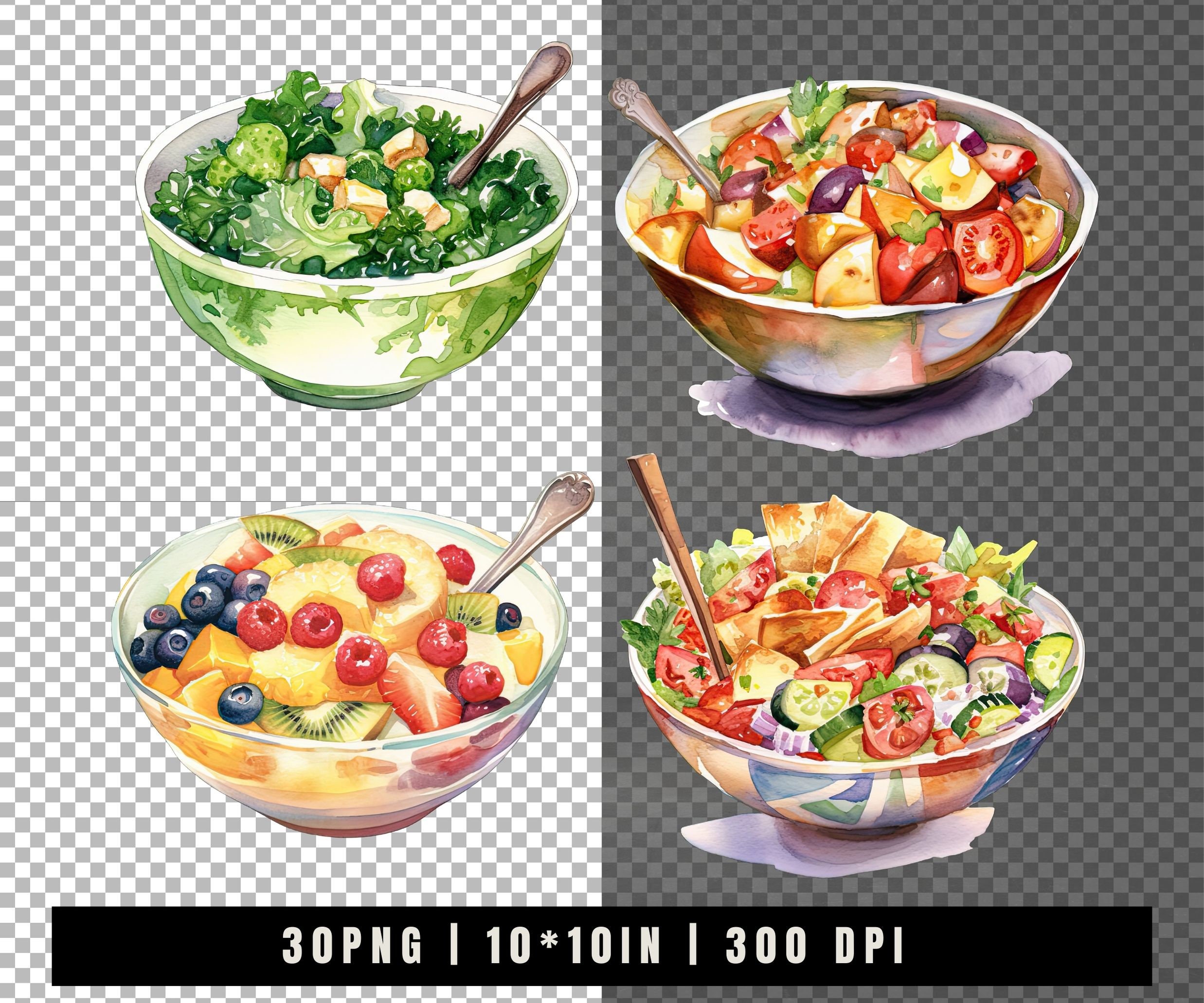 Salad Bowl Clipart Collection, Watercolor Salad Variety Pack, Caesar ...