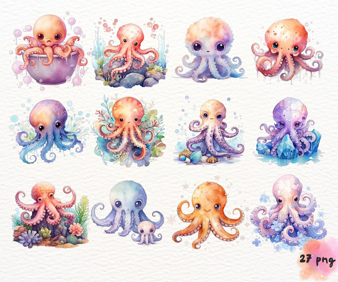 Chubby Octopuses Watercolor Clipart Cute Kawaii Cartoon - Etsy