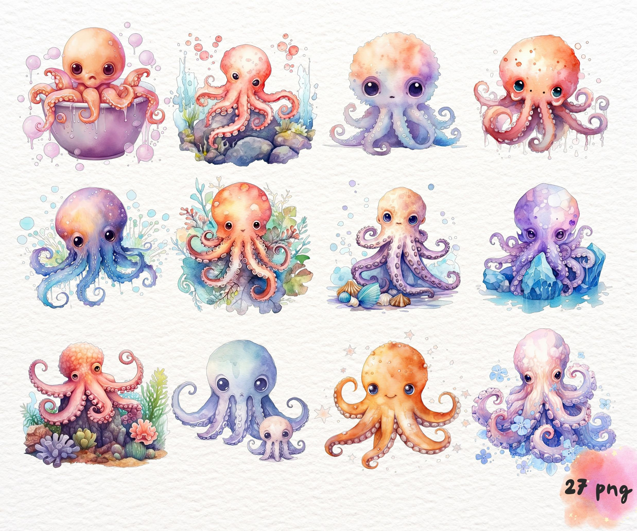 Chubby Octopuses Watercolor Clipart Cute Kawaii Cartoon Octopuses, Baby ...