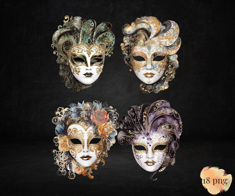 Vintage Venetian Masks Clipart Collection - Set of 18, Italian Volto ...