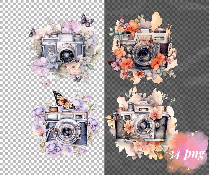 Watercolor Camera Clipart Set of 34 Pngs,vintage Cameras Adorned With ...
