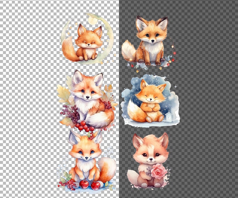 Chubby Foxes Watercolor Clipart Cute Kawaii Cartoon Foxes, Baby Foxes ...