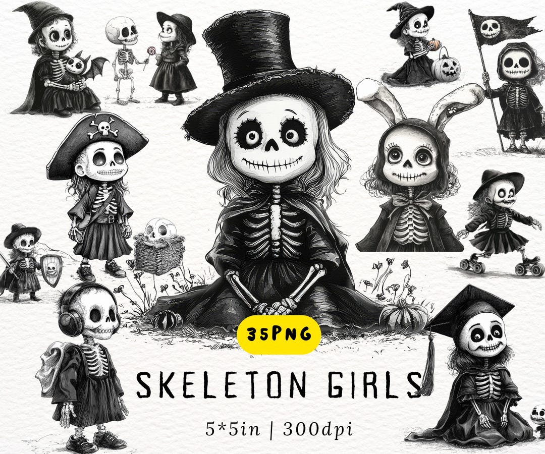 Skeleton Girls Clipart Bundle - 35 PNG Kawaii Skeleton Characters in ...