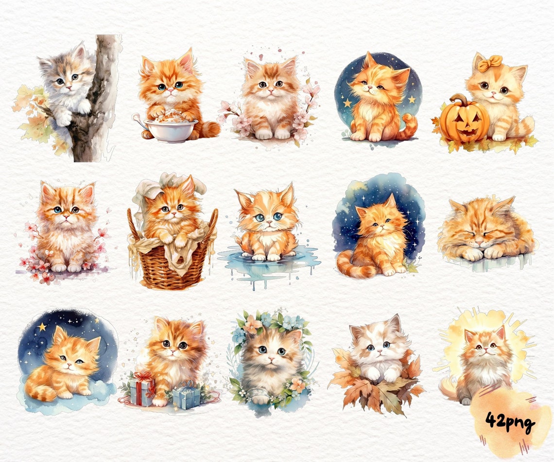 Chubby Kittens Watercolor Clipart Cute Kawaii Cartoon - Etsy