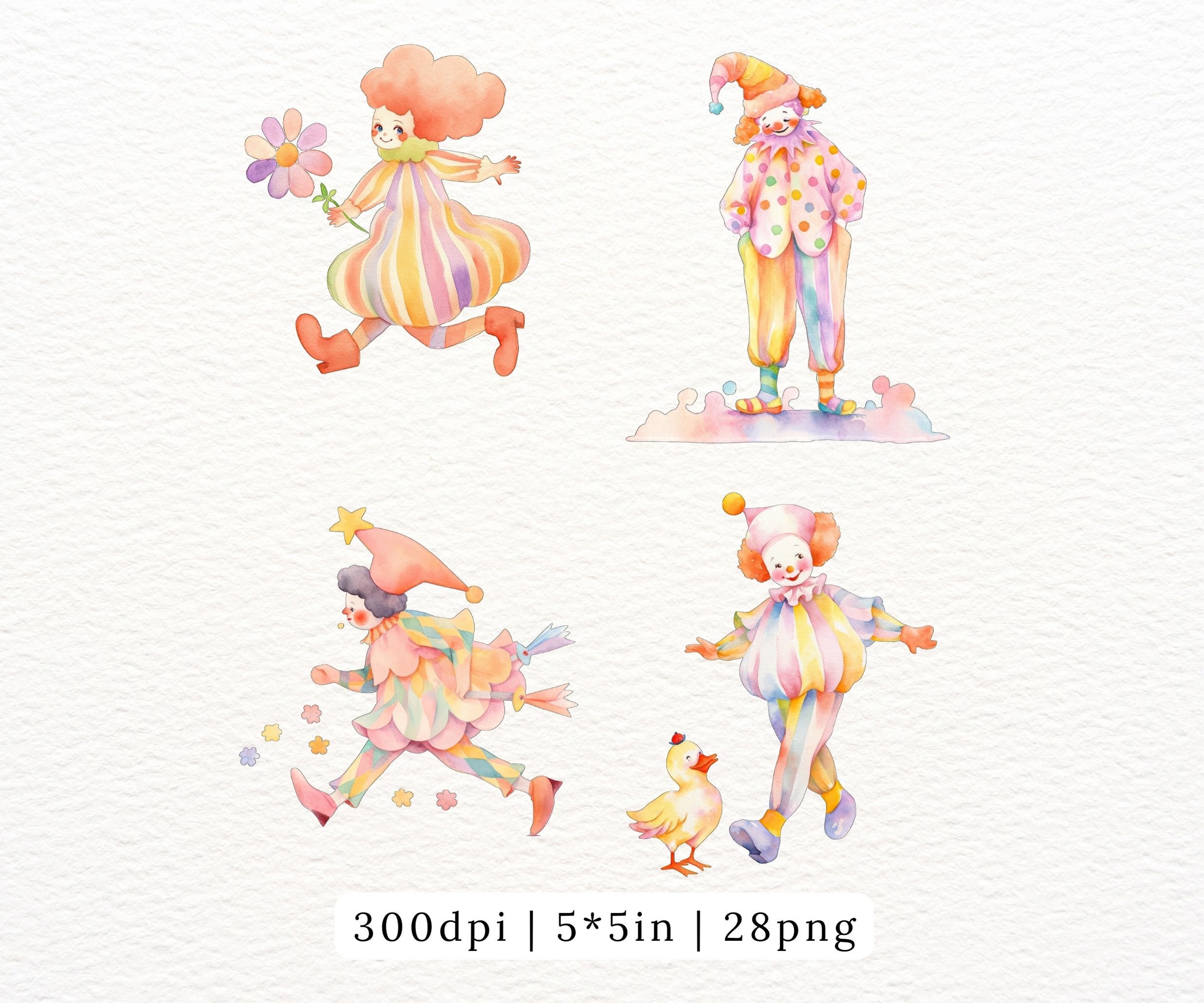 Watercolor Dancing Clown Clipart, Cute Cartoon Pastel Carnival Clown ...