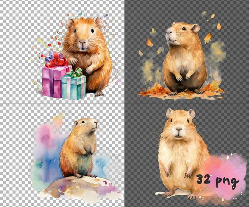 Chubby Capybaras Watercolor Clipart Cute Kawaii Cartoon - Etsy