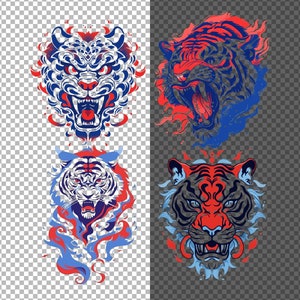 Chinese Porcelain Tiger Clipart, Red Blue Tiger Heads Png,vintage ...