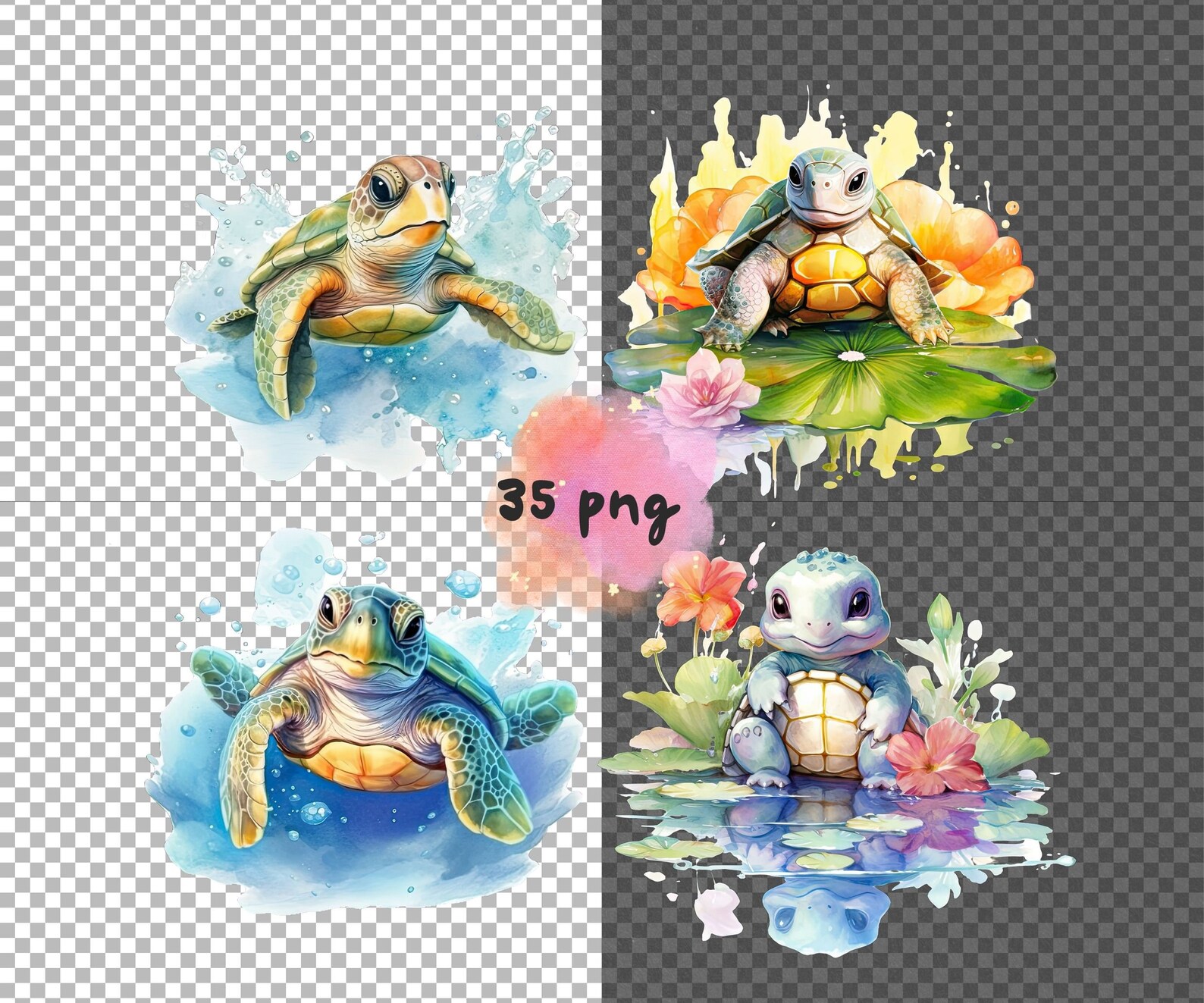Chubby Turtles Watercolor Clipart Cute Kawaii Cartoon - Etsy