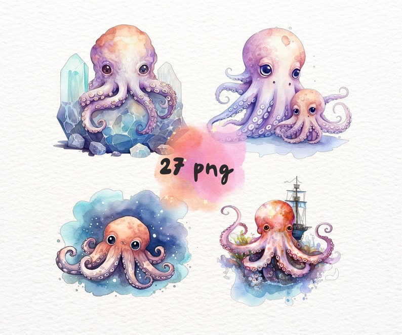 Cute Baby Octopus Watercolor PNG Clipart for Nursery Wall Art ...