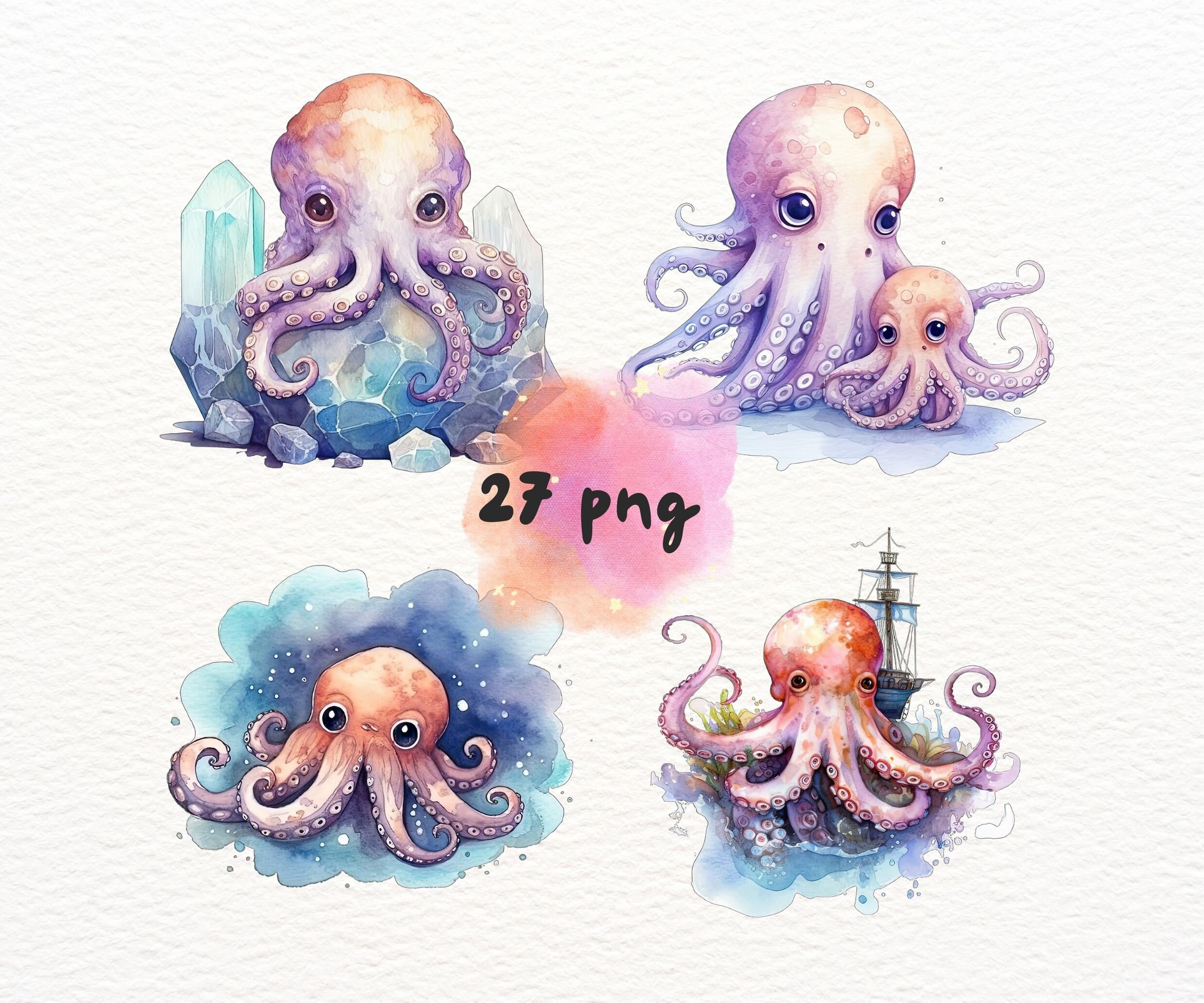 Chubby Octopuses Watercolor Clipart Cute Kawaii Cartoon Octopuses, Baby ...