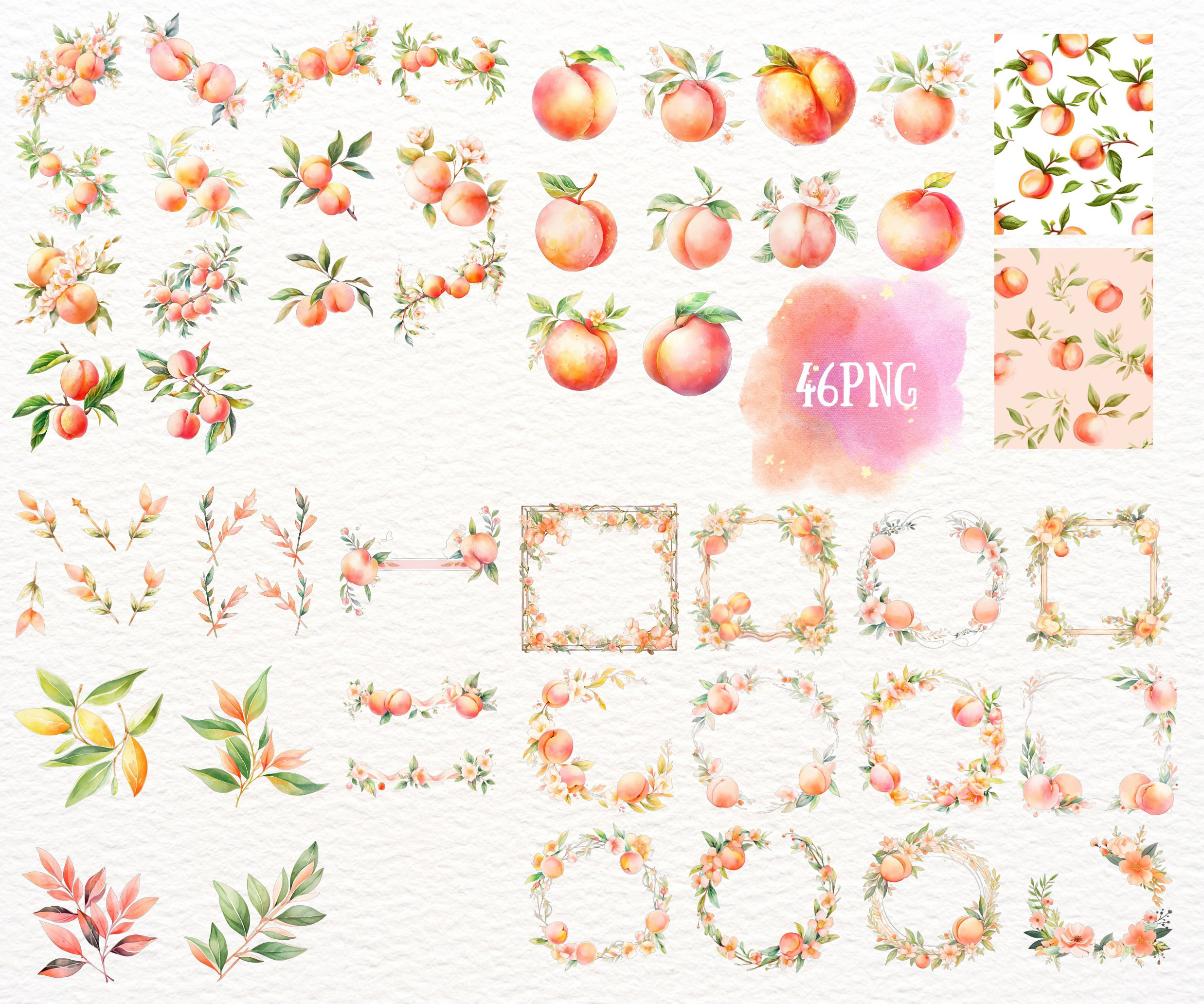 Peach Watercolor Clipart, Decorative Frame, Line, Leaf, Fruit, Divider ...