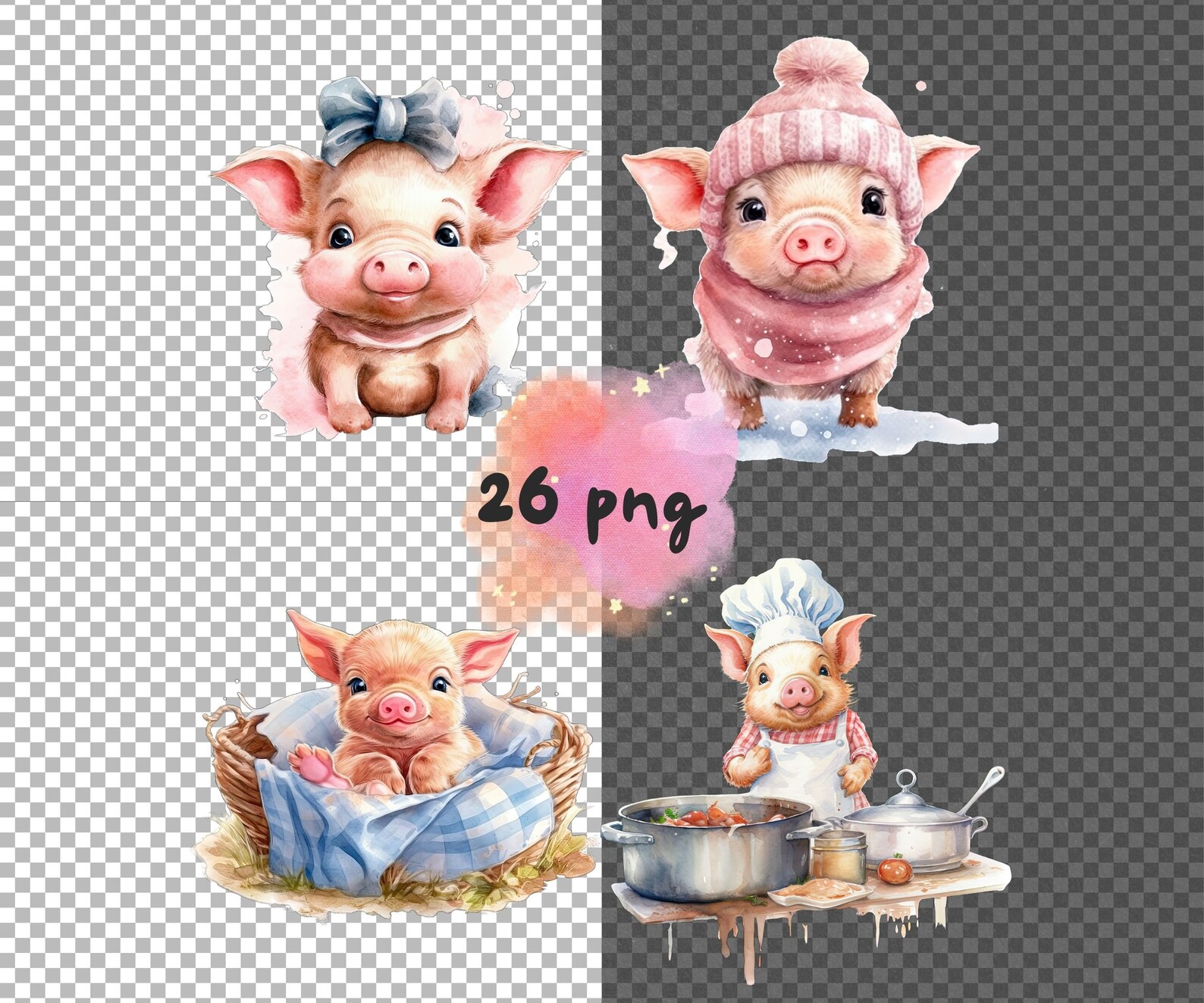 Chubby Piglets Watercolor Clipart Cute Kawaii Cartoon Piglets, Baby ...