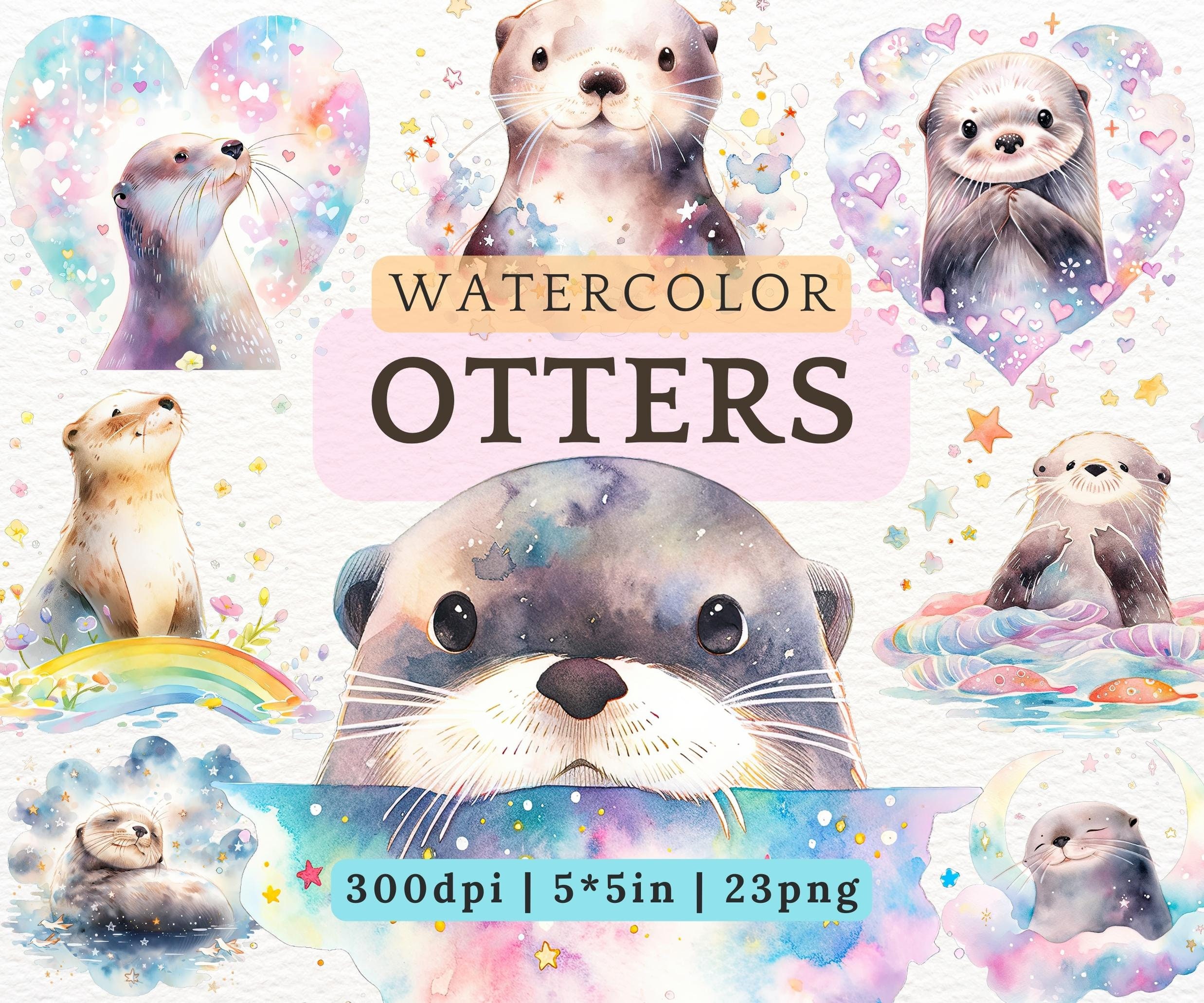 Chubby Otters Watercolor Clipart - Cute Kawaii Cartoon Sea Otters, Baby ...