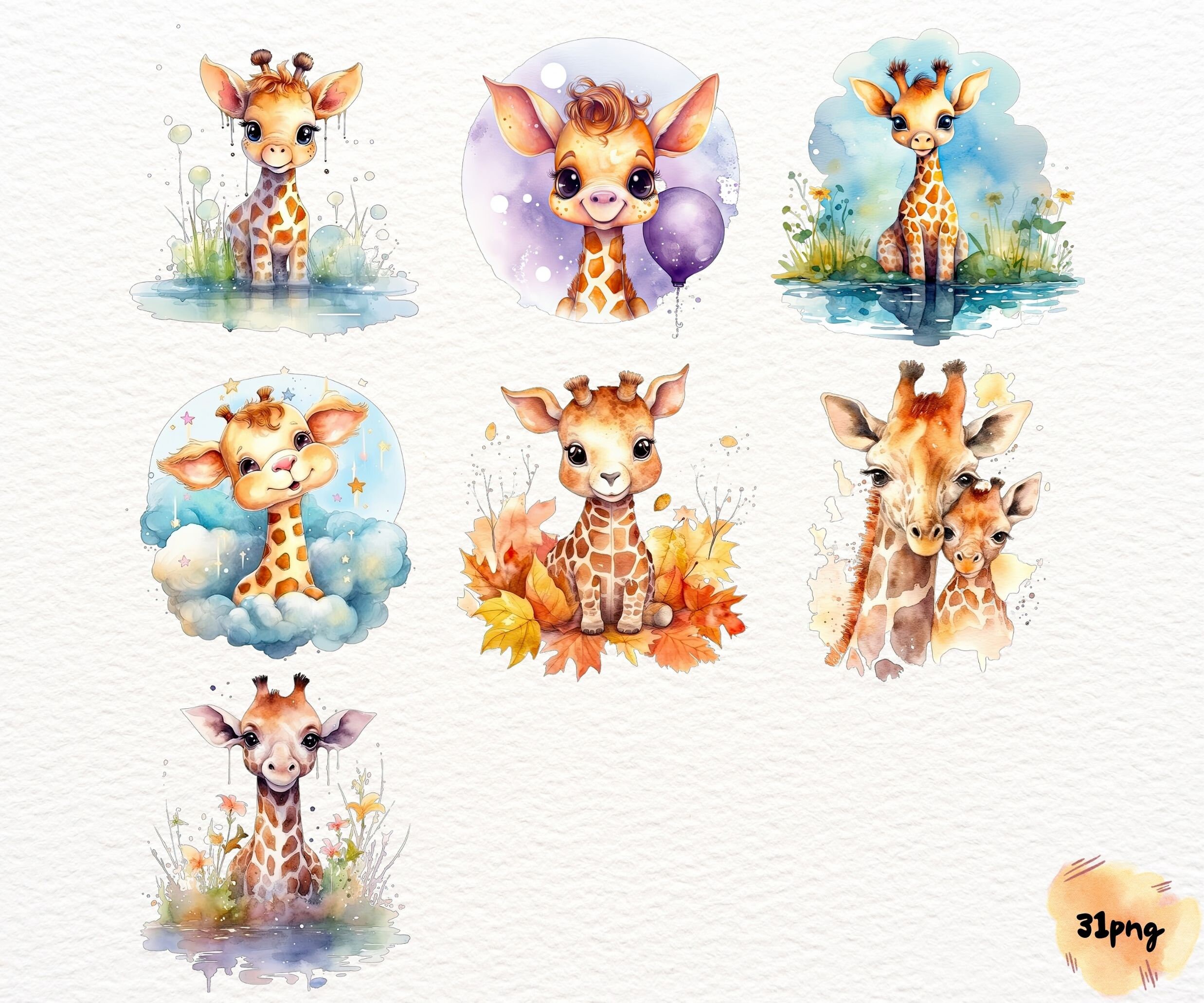 Chubby Giraffes Watercolor Clipart Cute Kawaii Cartoon Giraffes, Baby ...