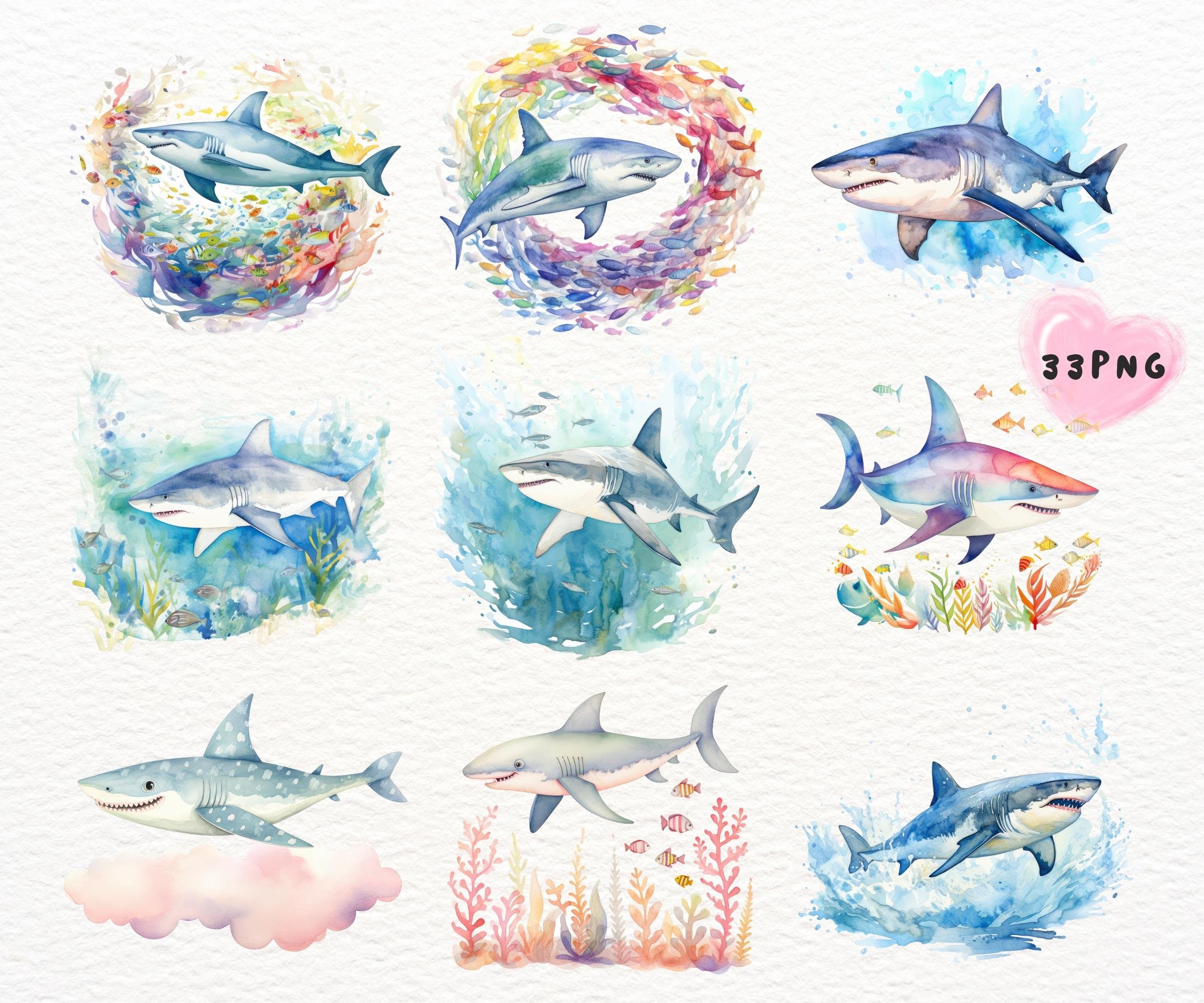 Watercolor Shark Clipart Bundle Colorful Floral Shark - Etsy