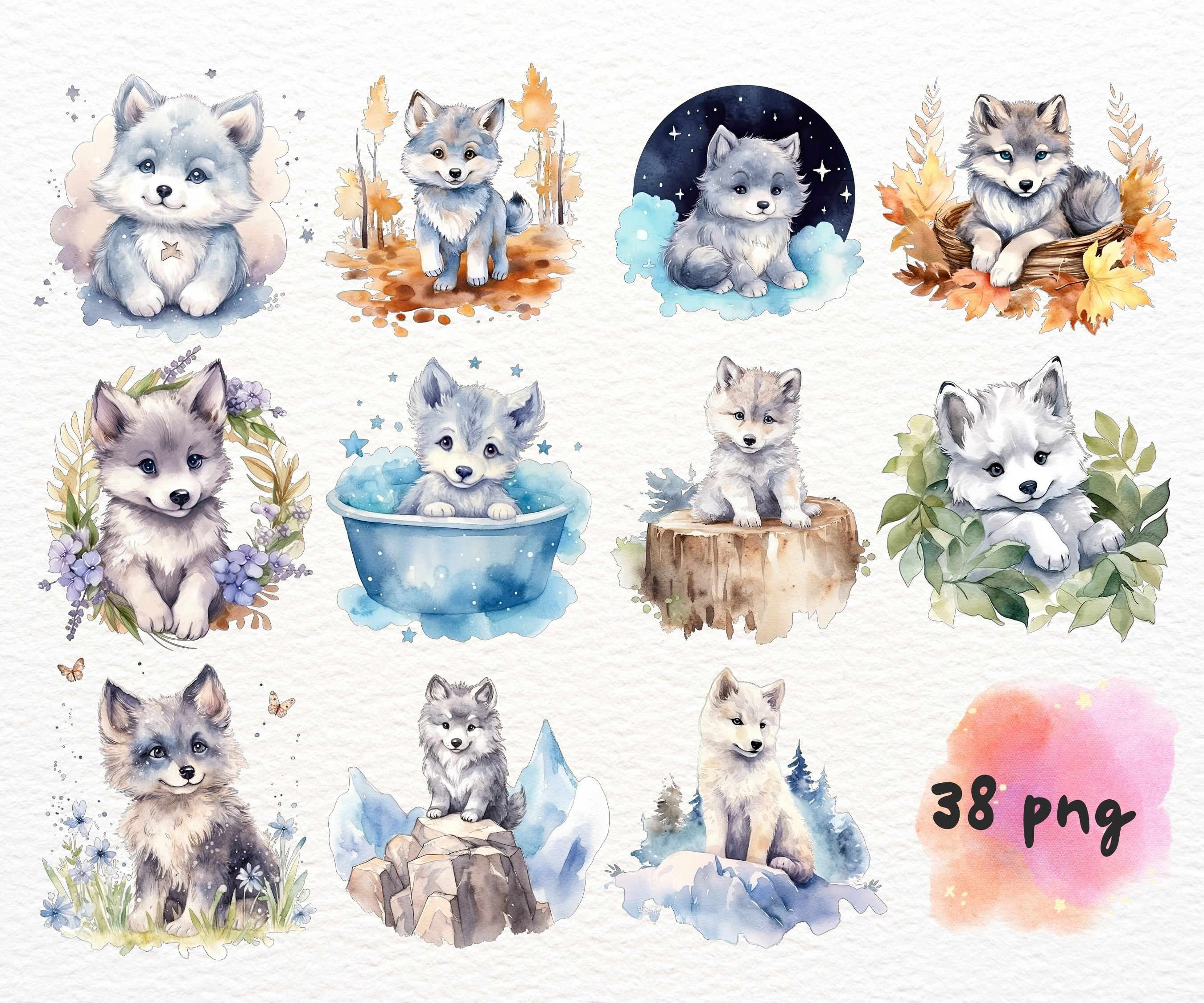 Chubby Baby Wolf Watercolor Clipart Cute Kawaii Cartoon Puppy Wolves ...