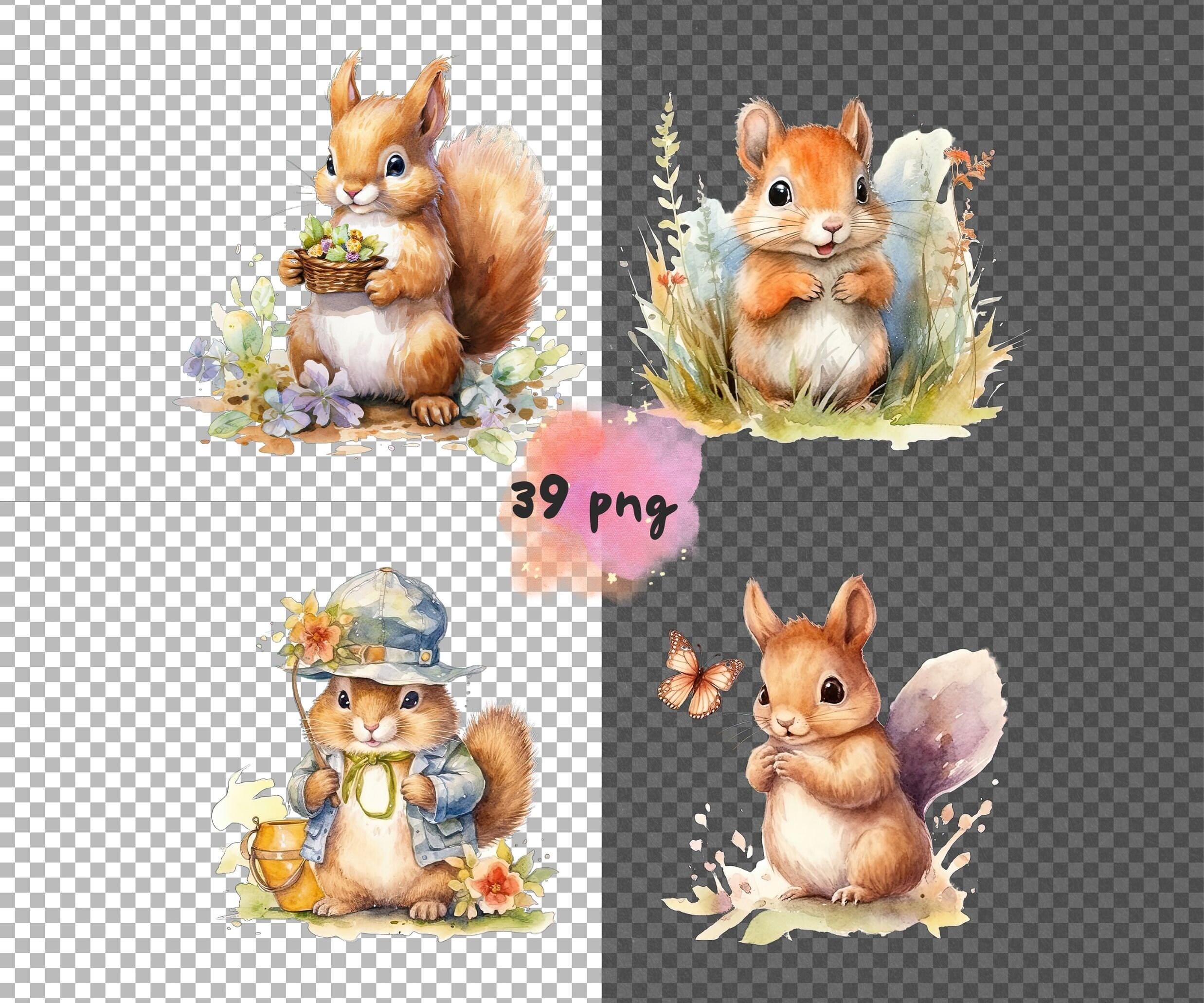 Chubby Squirrels Watercolor Clipart Cute Kawaii Cartoon Squirrels, Baby ...