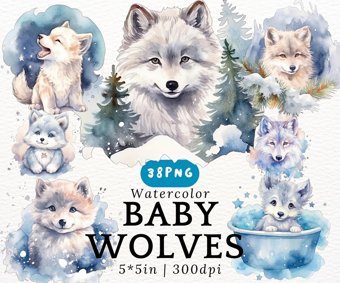 Chubby Baby Wolf Watercolor Clipart Cute Kawaii Cartoon Puppy Wolves ...