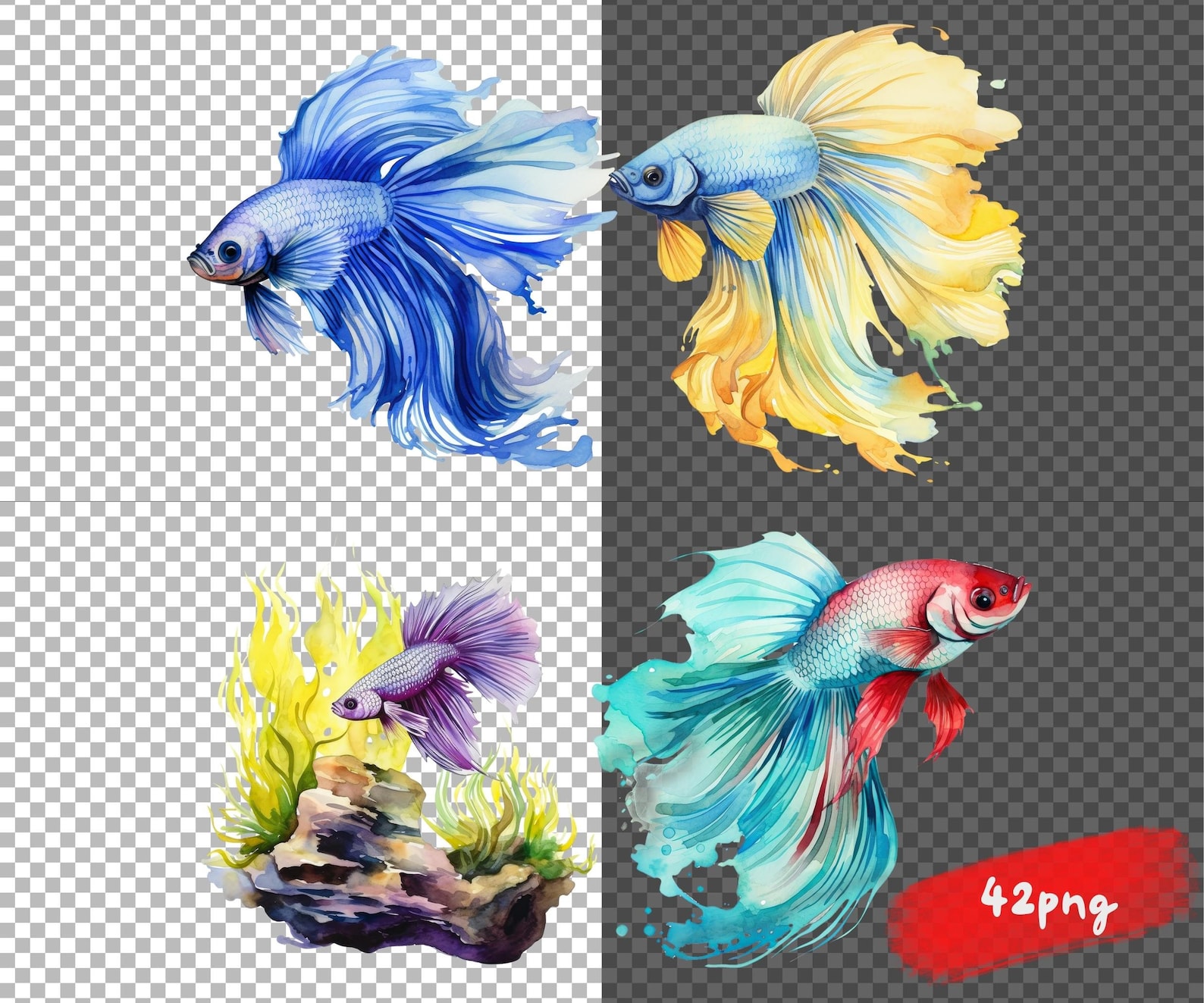 Watercolor Betta Fish Clipart Bundle , Colorful Vibrant Tropical ...