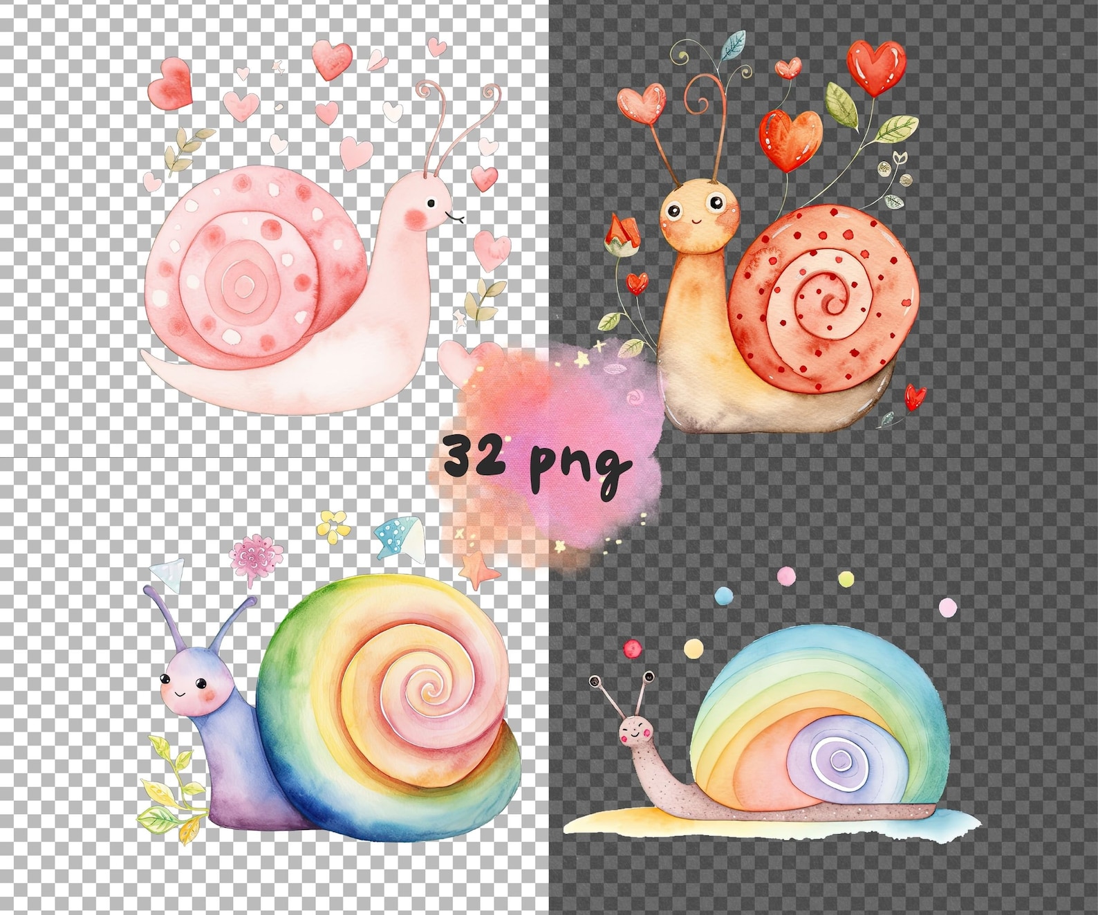 Cartoon Snails Watercolor Clipart Cute Kawaii Chubby Snails, Adorable ...