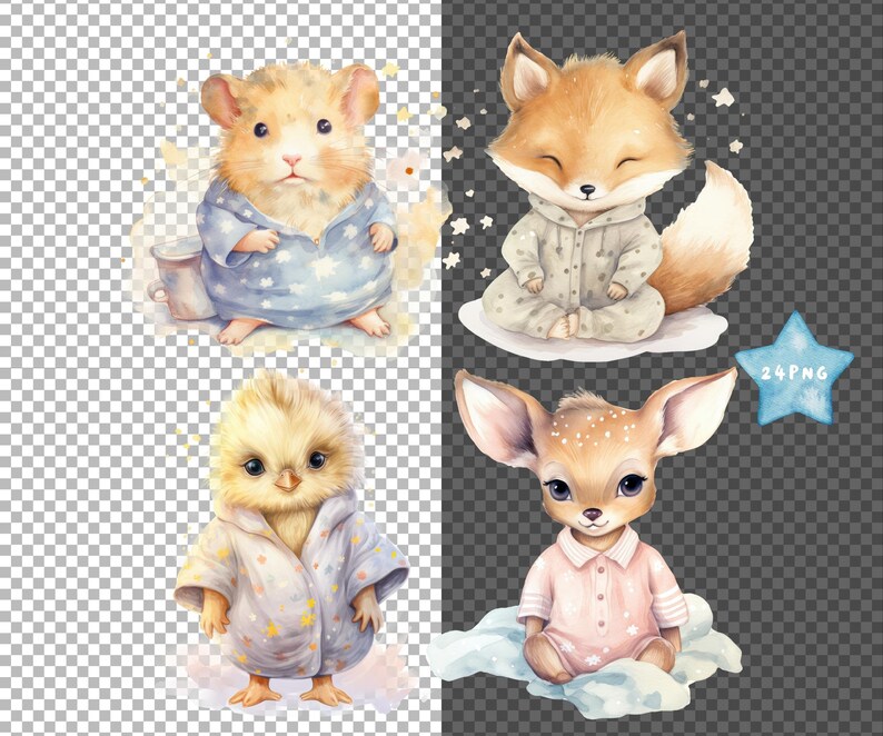 Watercolor Baby Animals in Pajamas Clipart, Chubby Cute Animal Png ...