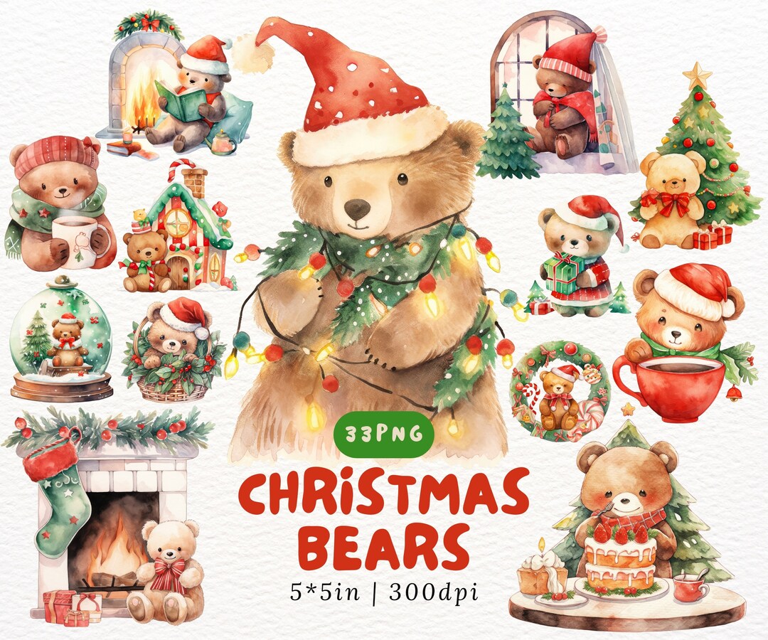 Christmas Bear Clipart, Kawaii Cartoon Holiday Cuddly Bear, Watercolor ...