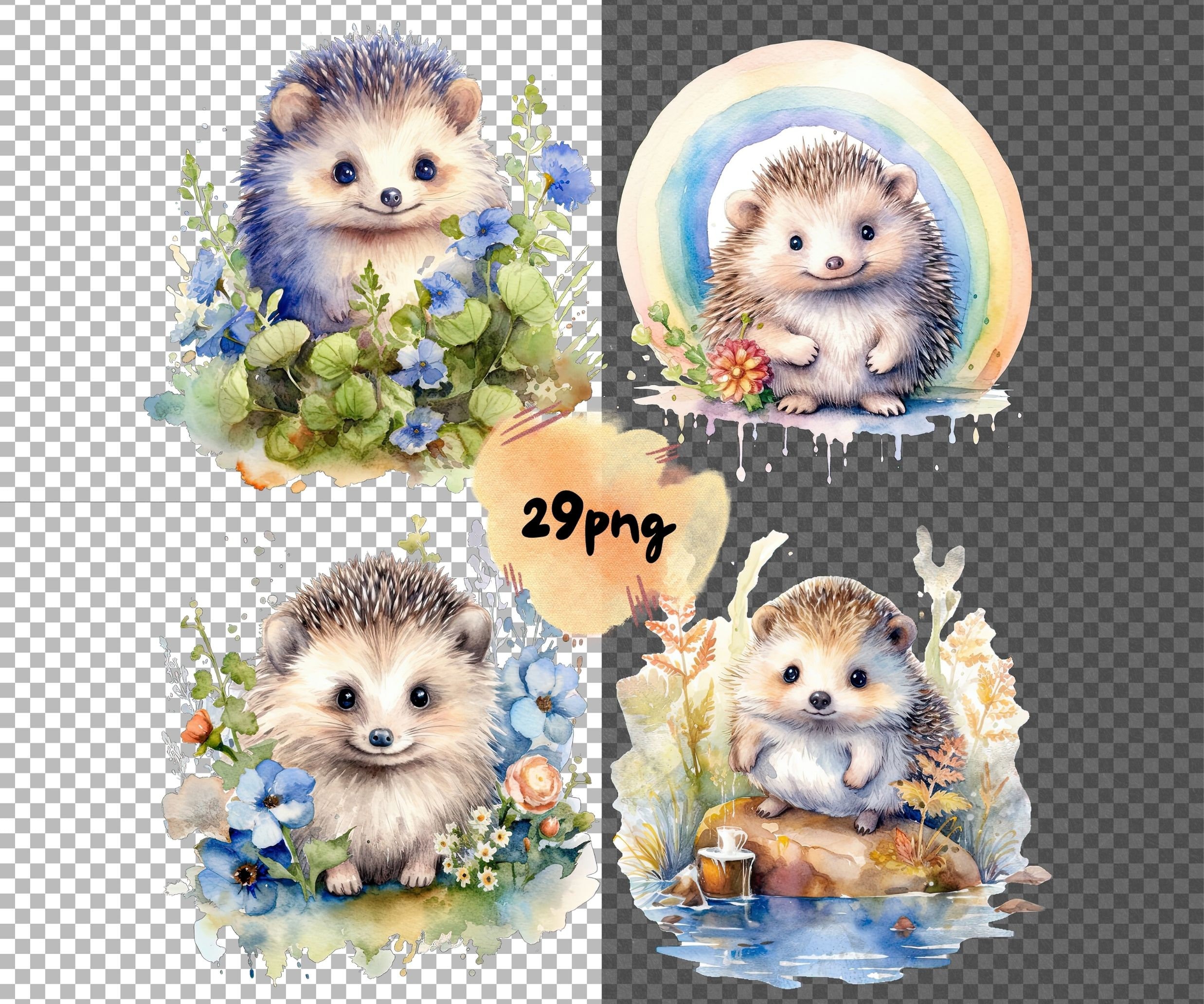 Chubby Hedgehogs Watercolor Clipart Cute Kawaii Cartoon Hedgehogs, Baby ...