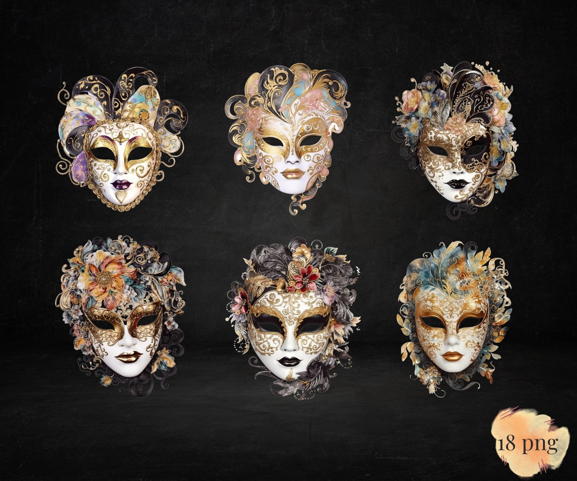 Vintage Venetian Masks Clipart Collection - Set of 18, Italian Volto ...