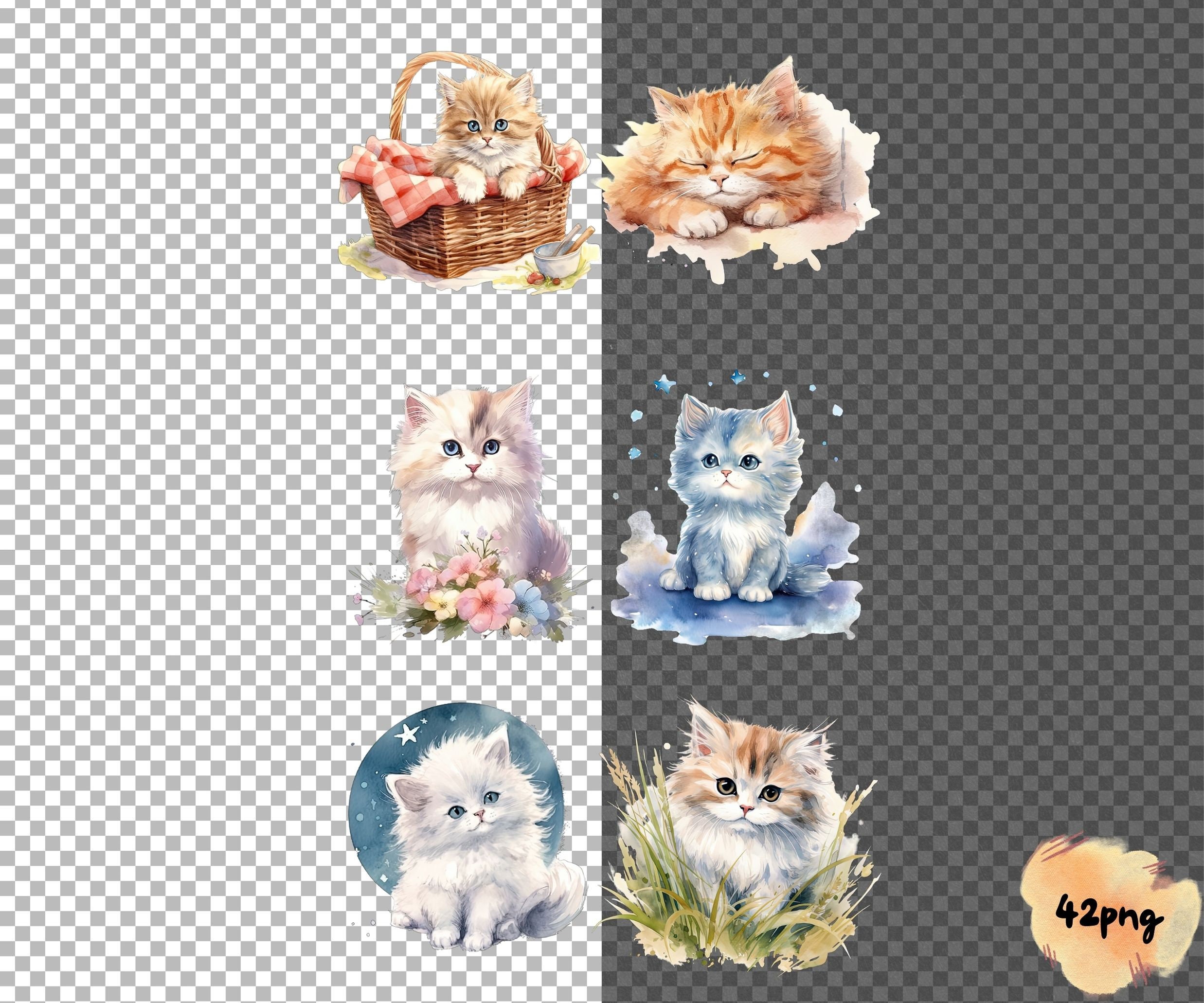Chubby Kittens Watercolor Clipart Cute Kawaii Cartoon - Etsy