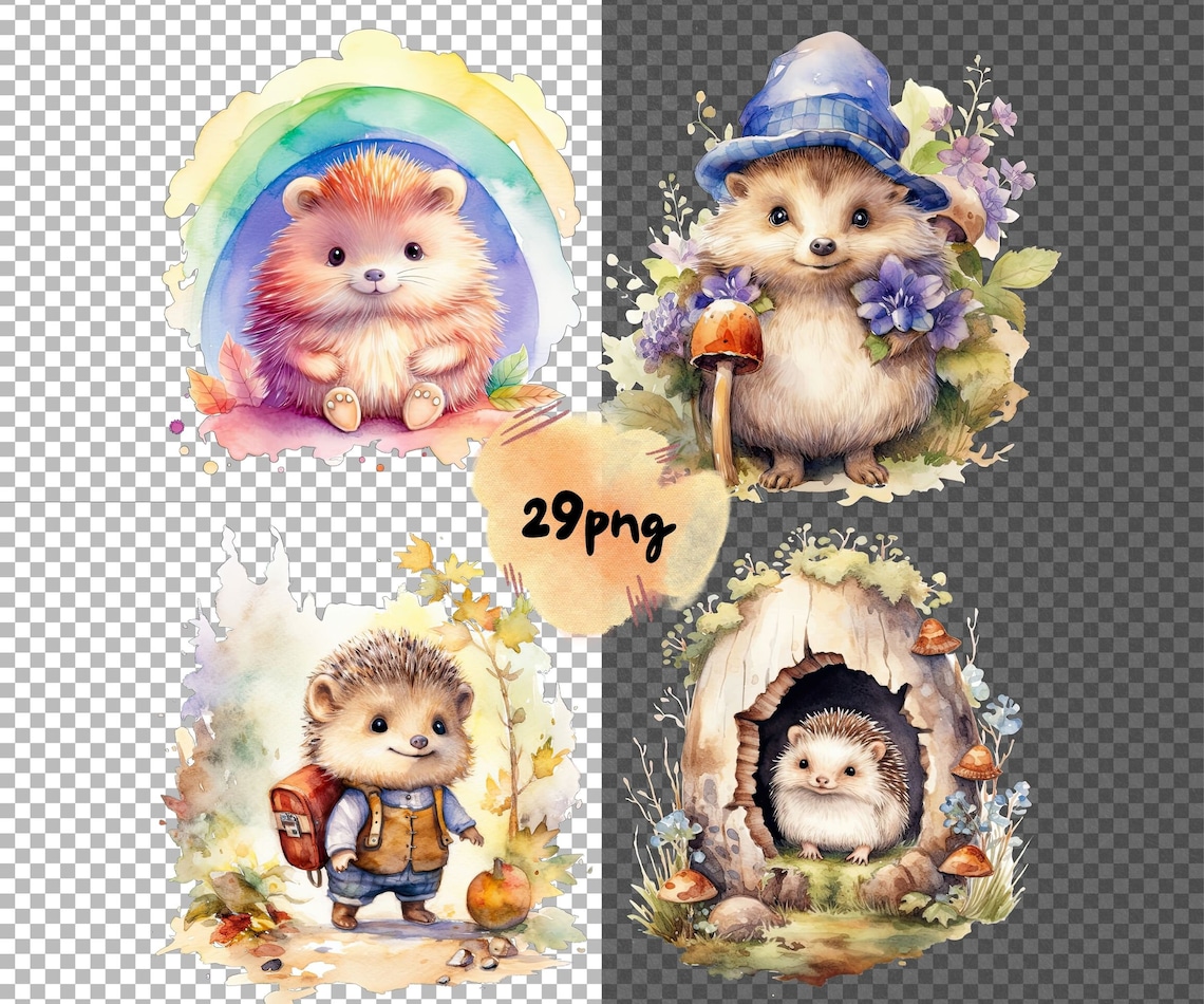 Chubby Hedgehogs Watercolor Clipart Cute Kawaii Cartoon - Etsy