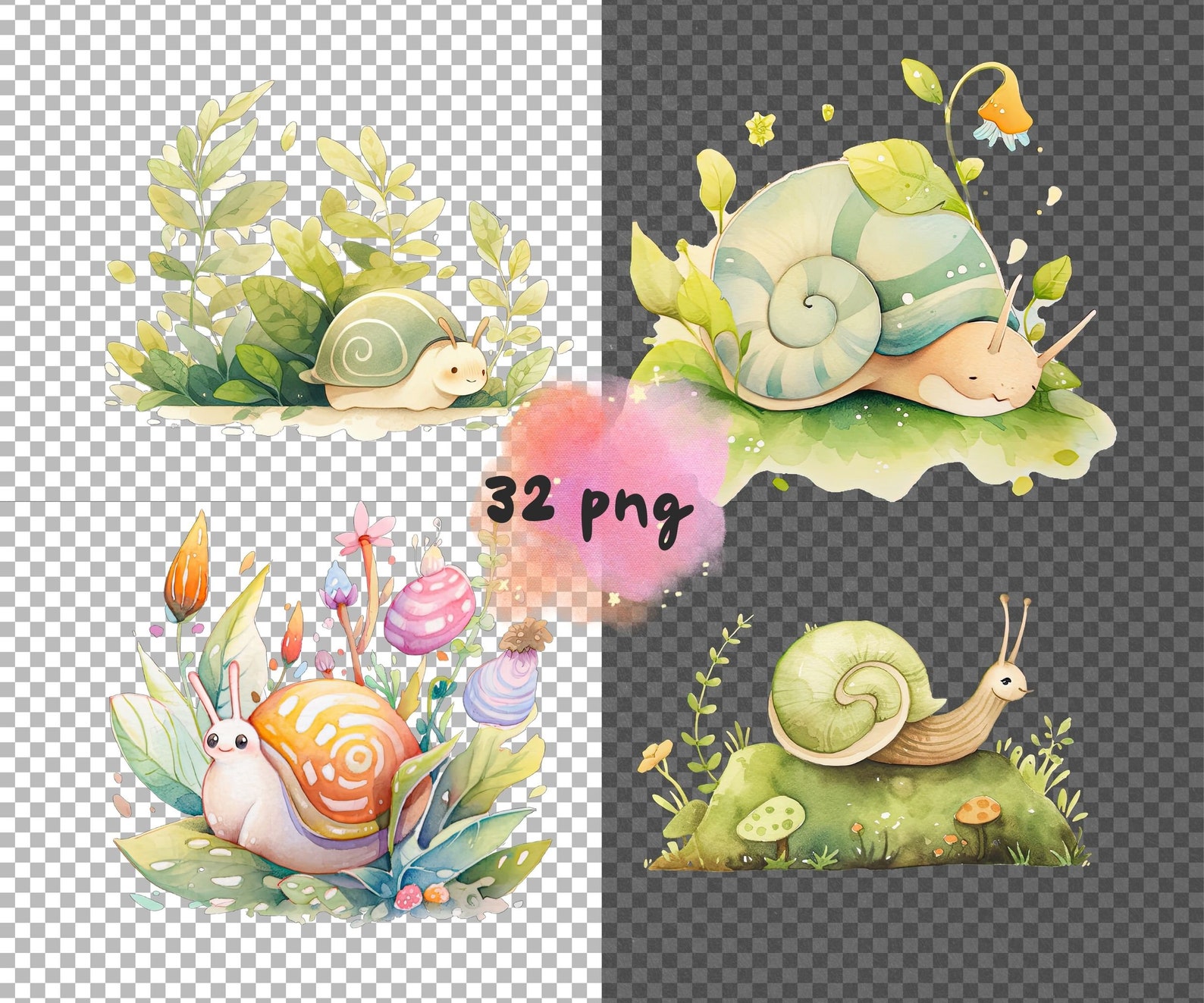 Cartoon Snails Watercolor Clipart Cute Kawaii Chubby Snails, Adorable ...