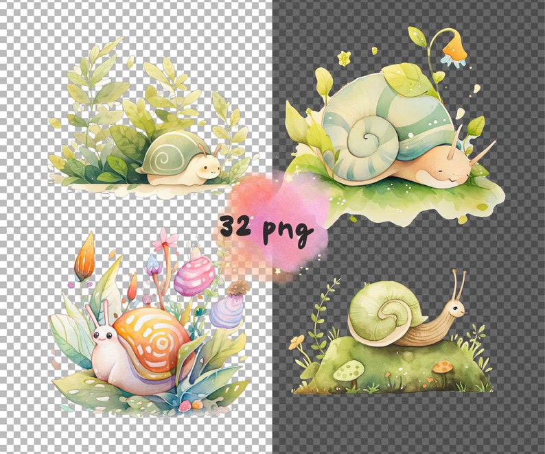 Cartoon Snails Watercolor Clipart Cute Kawaii Chubby Snails, Adorable ...